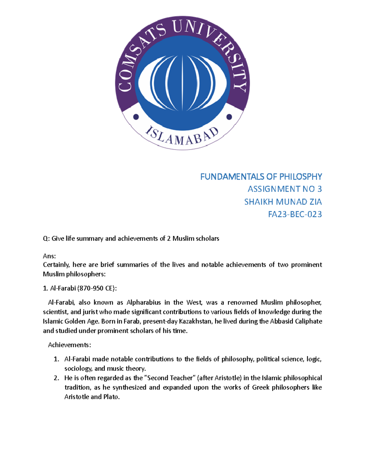 Philosphy assignments 3 - FUNDAMENTALS OF PHILOSPHY ASSIGNMENT NO 3 ...