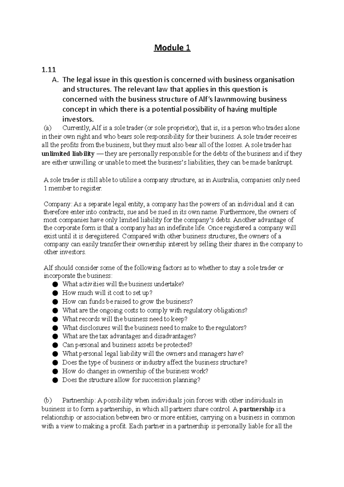 Module 1 lecture notes applied questions - BLAW2003 - Studocu
