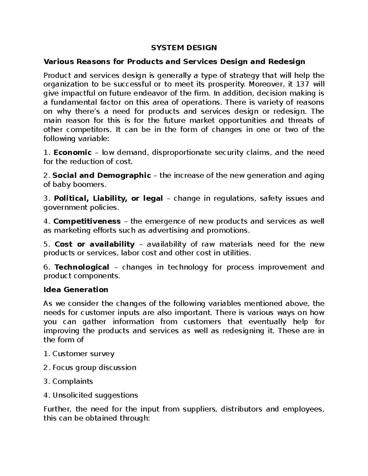Operations Managementv 5 - SYSTEM DESIGN Various Reasons for Products ...