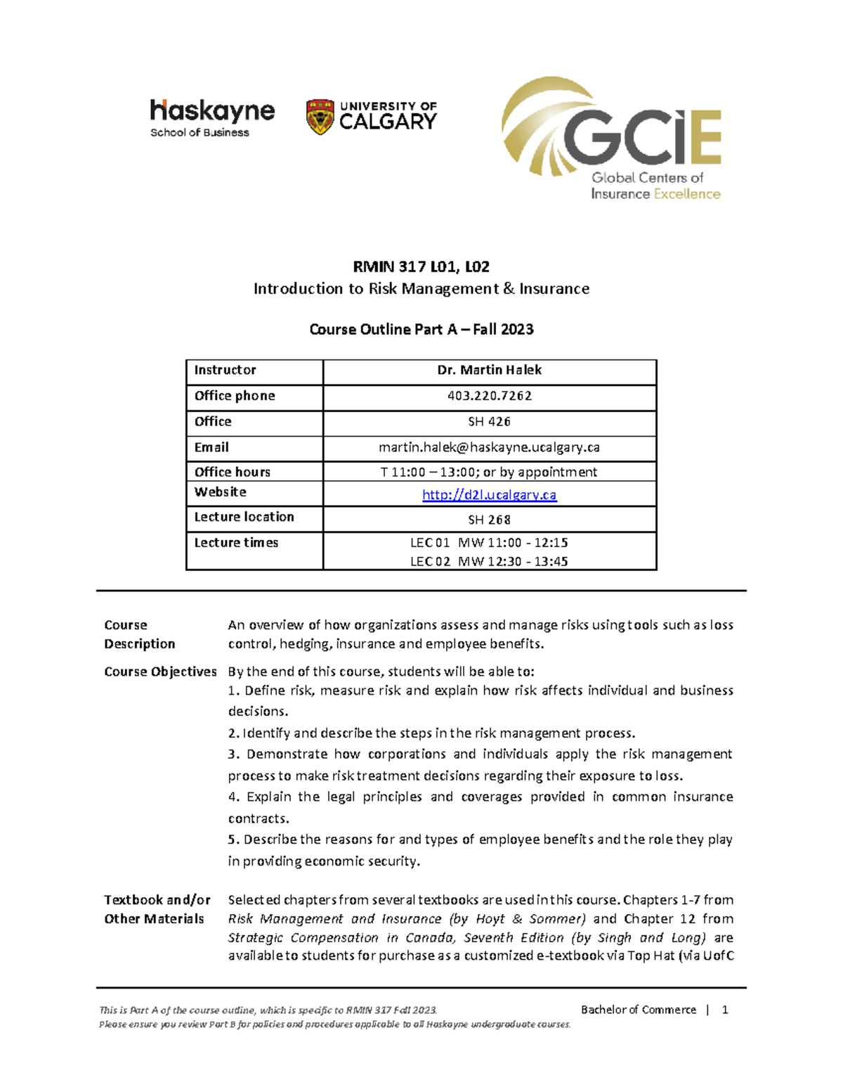 RMIN 317 L01 L02 Introduction to Risk Management Insurance Course Outline Part A Fall - Studocu