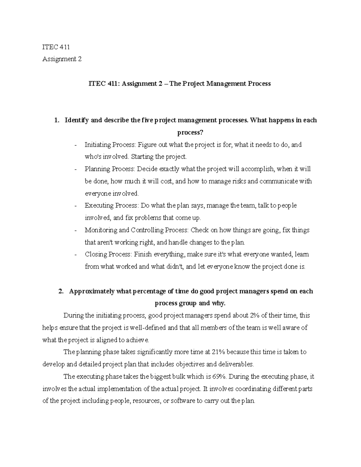 Assignment 2 ITEC 411 - ITEC 411 Assignment 2 ITEC 411: Assignment 2 – The Project Management ...