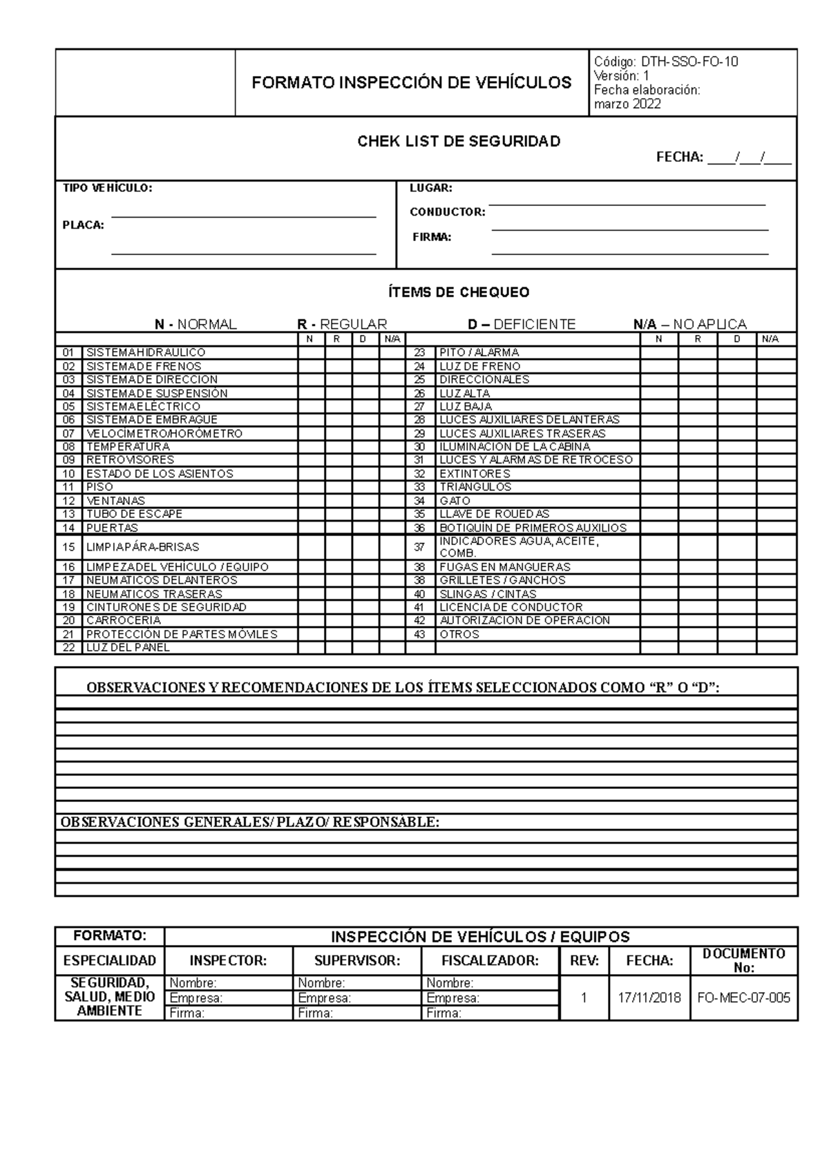 FO-MEC-07-005 Formato DE Iinspeción DE Vehiculos Equipos - FORMATO ...