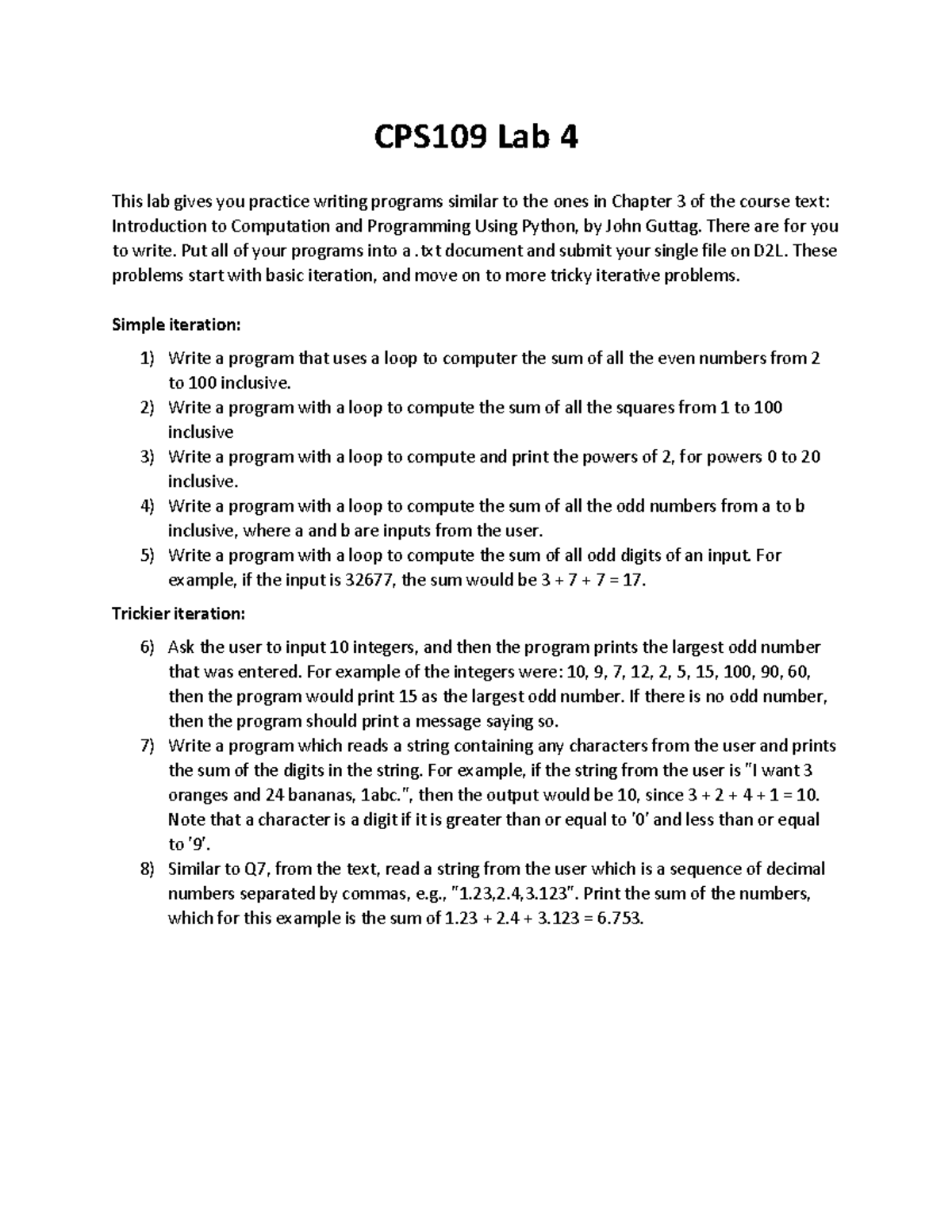 Cps109 Lab 4 Lab4 Cps 109 Lab 4 This Lab Gives You Practice Writing Programs Similar To The 