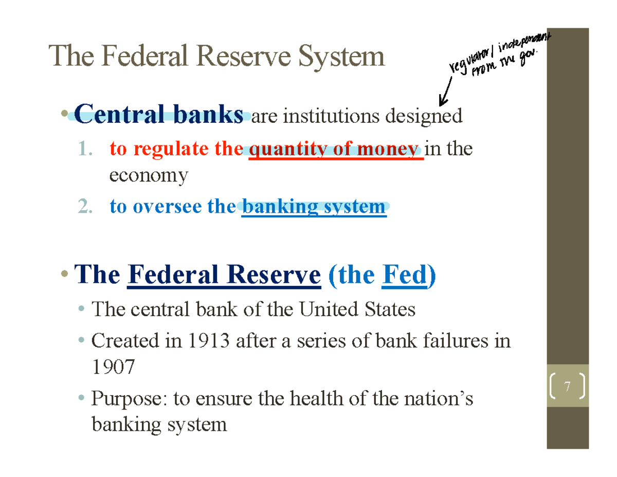 Econ 0110 notes - The Federal Reserve System • Central banks are ...