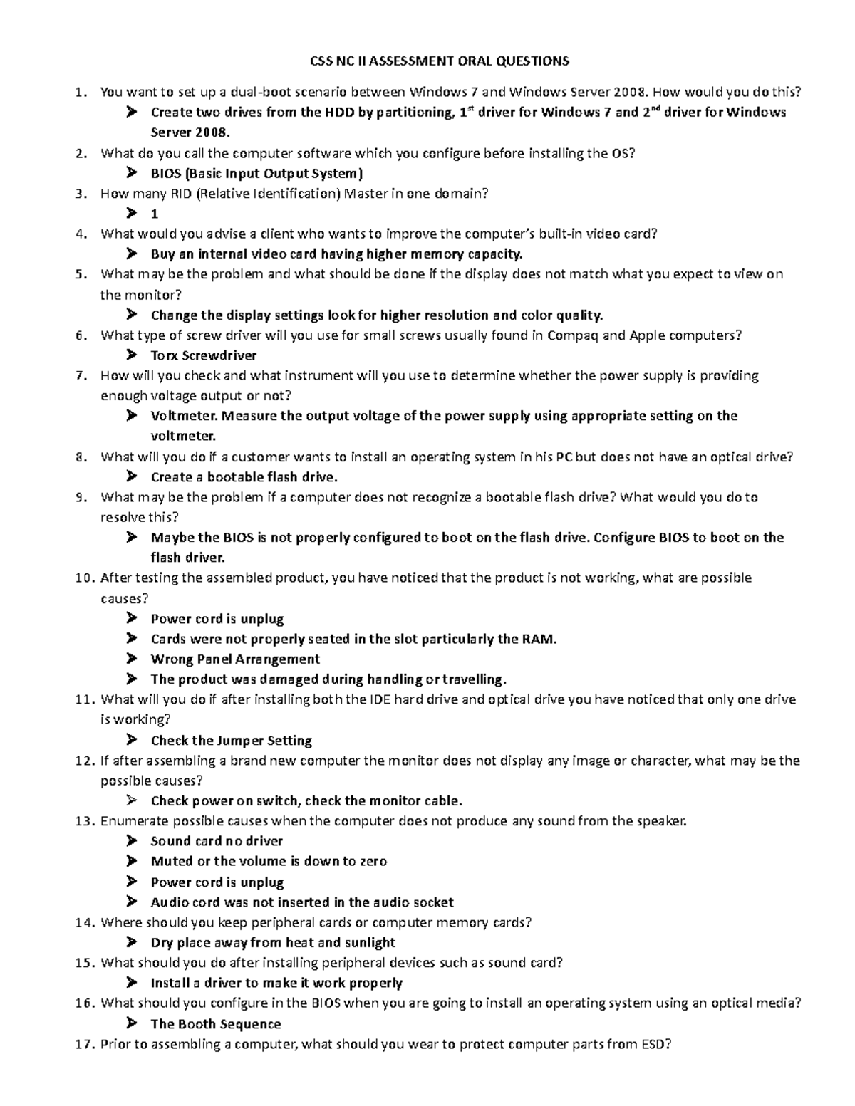 CSS NC II Assessment ORAL Questions - CSS NC II ASSESSMENT ORAL QUESTIONS You want to set up a ...