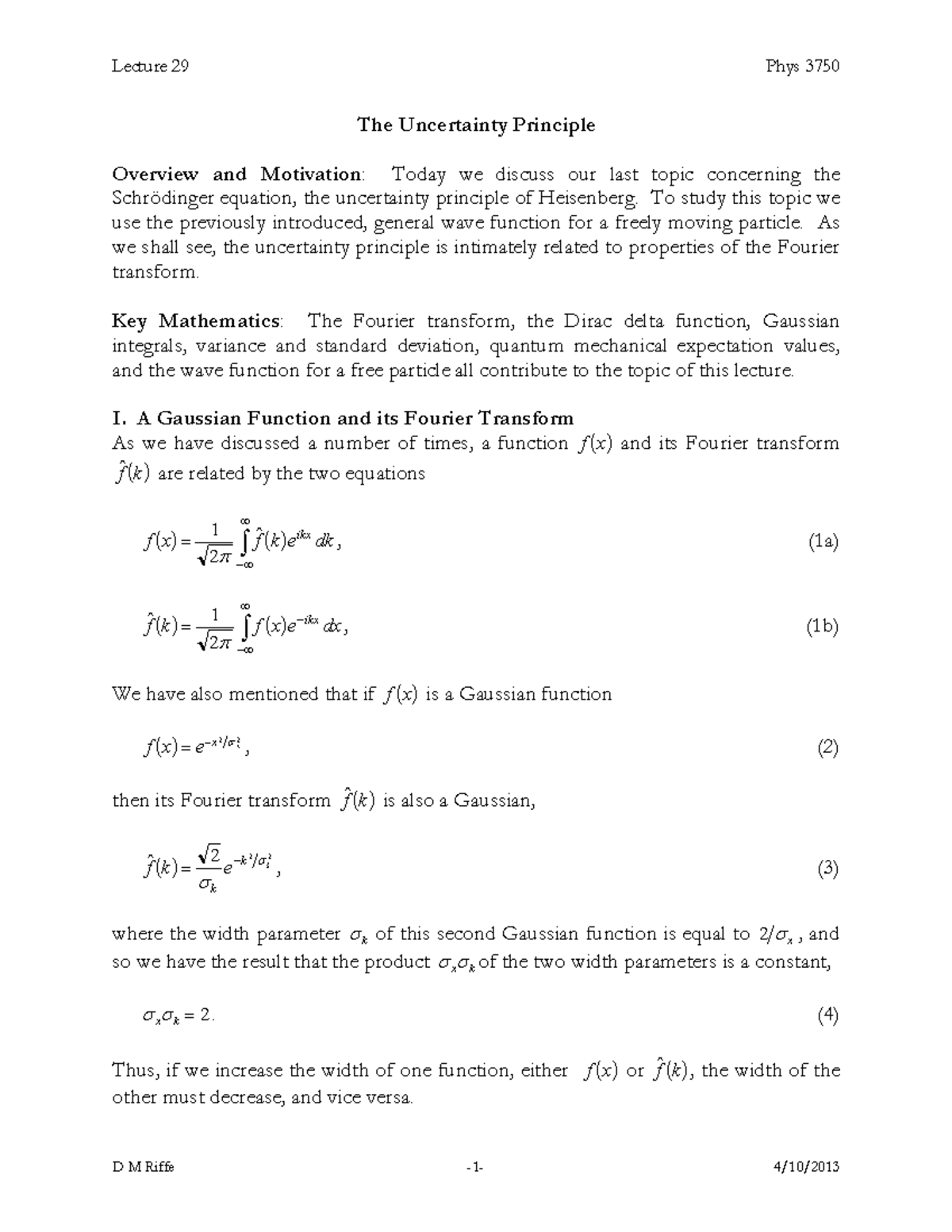 Lecture 29.pdf The uncertainty principle - Lecture 29 Phys 3750 The ...