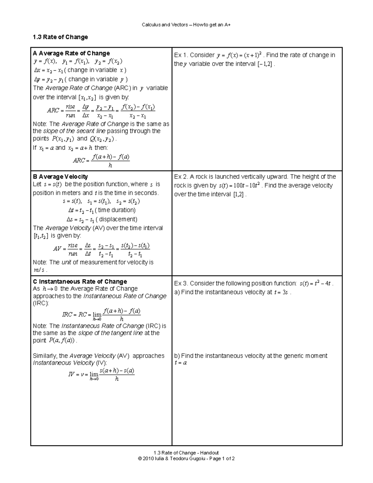 2.3 Rate of Change Handout - Calculus and Vectors – How to get an A+ 1 ...