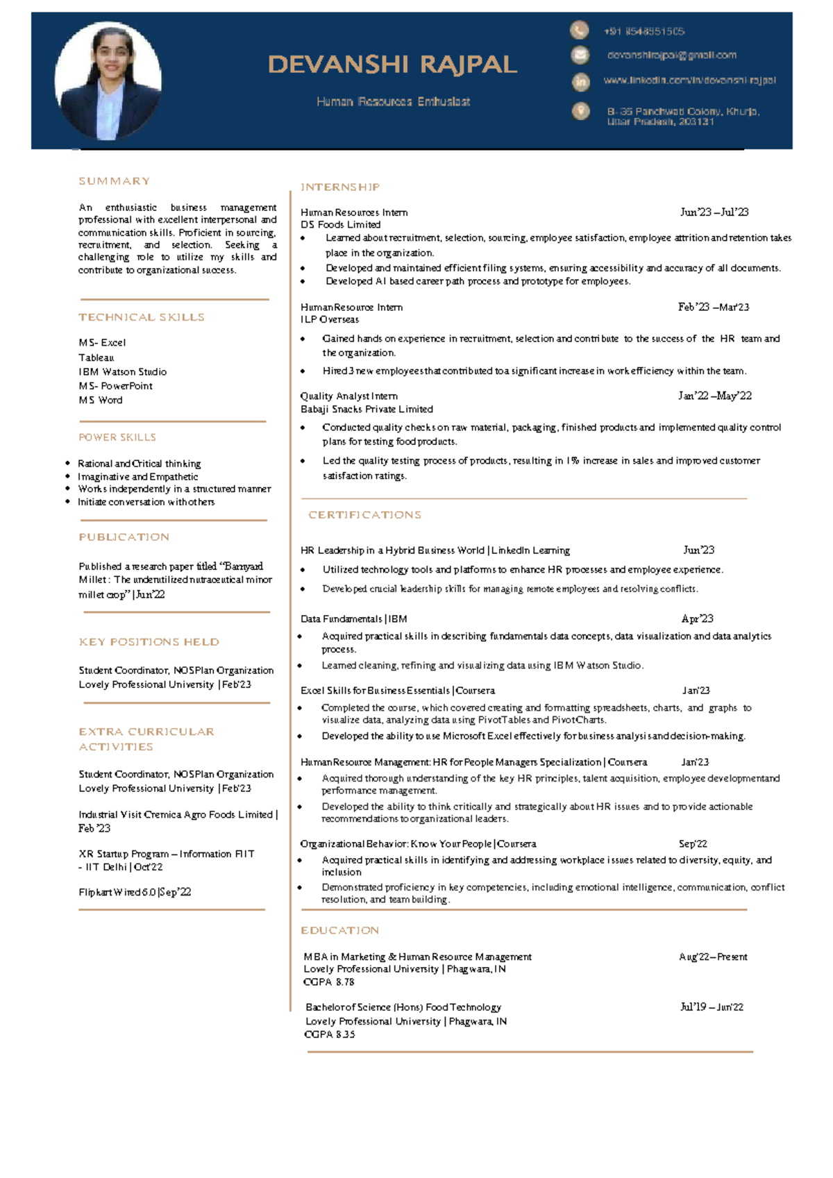Devanshi Rajpal LPU 12210011 CV - SUMMARY An enthusiastic business ...