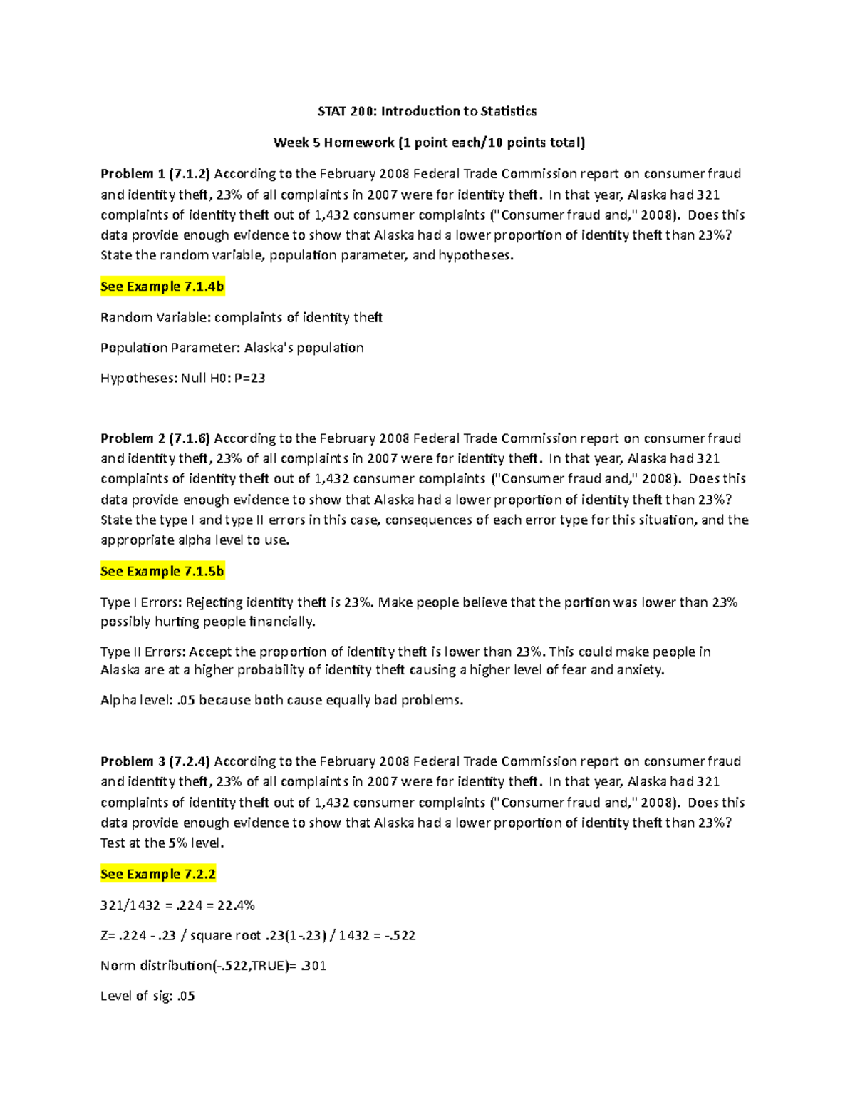 STAT 200 Week 5 Homework Problems with examples - STAT 200: Introduction to Statistics Week 5 ...