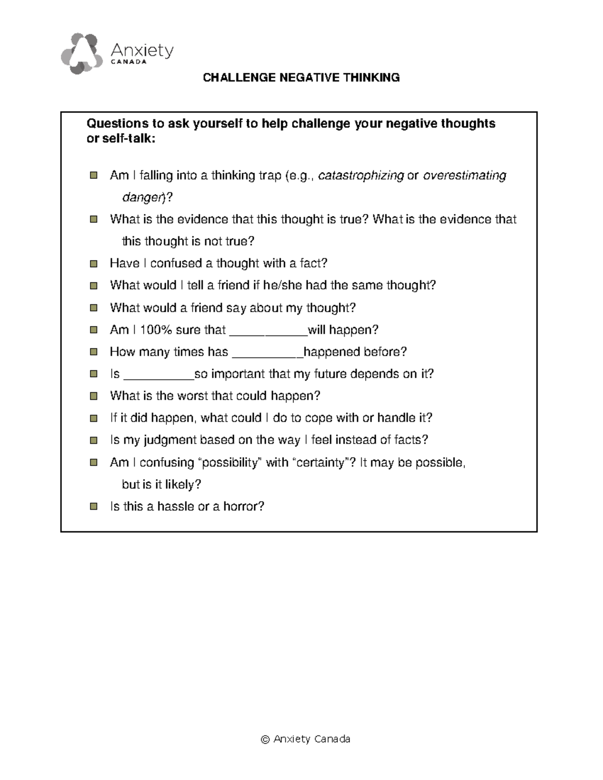 Challenging Negative Thinking - anada CHALLENGE NEGATIVE THINKING ...