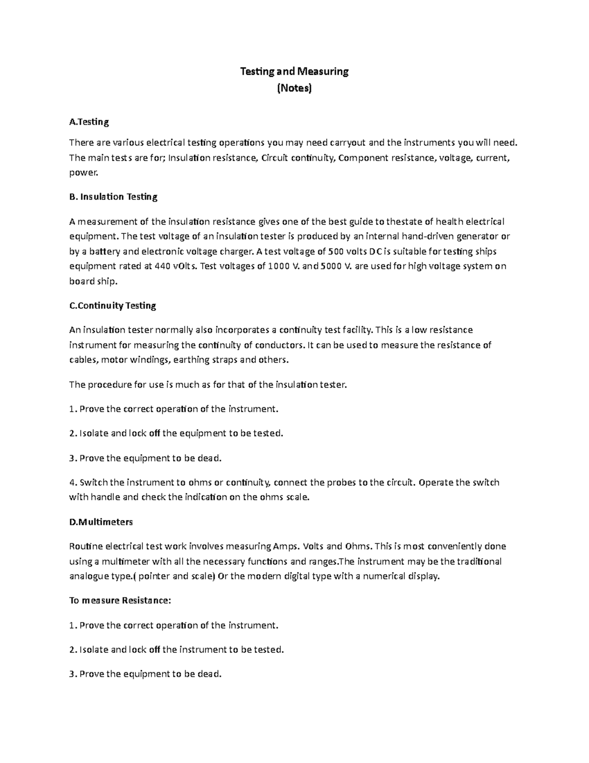 Testing and Measuring (Notes) - Testing and Measuring (Notes) A There ...