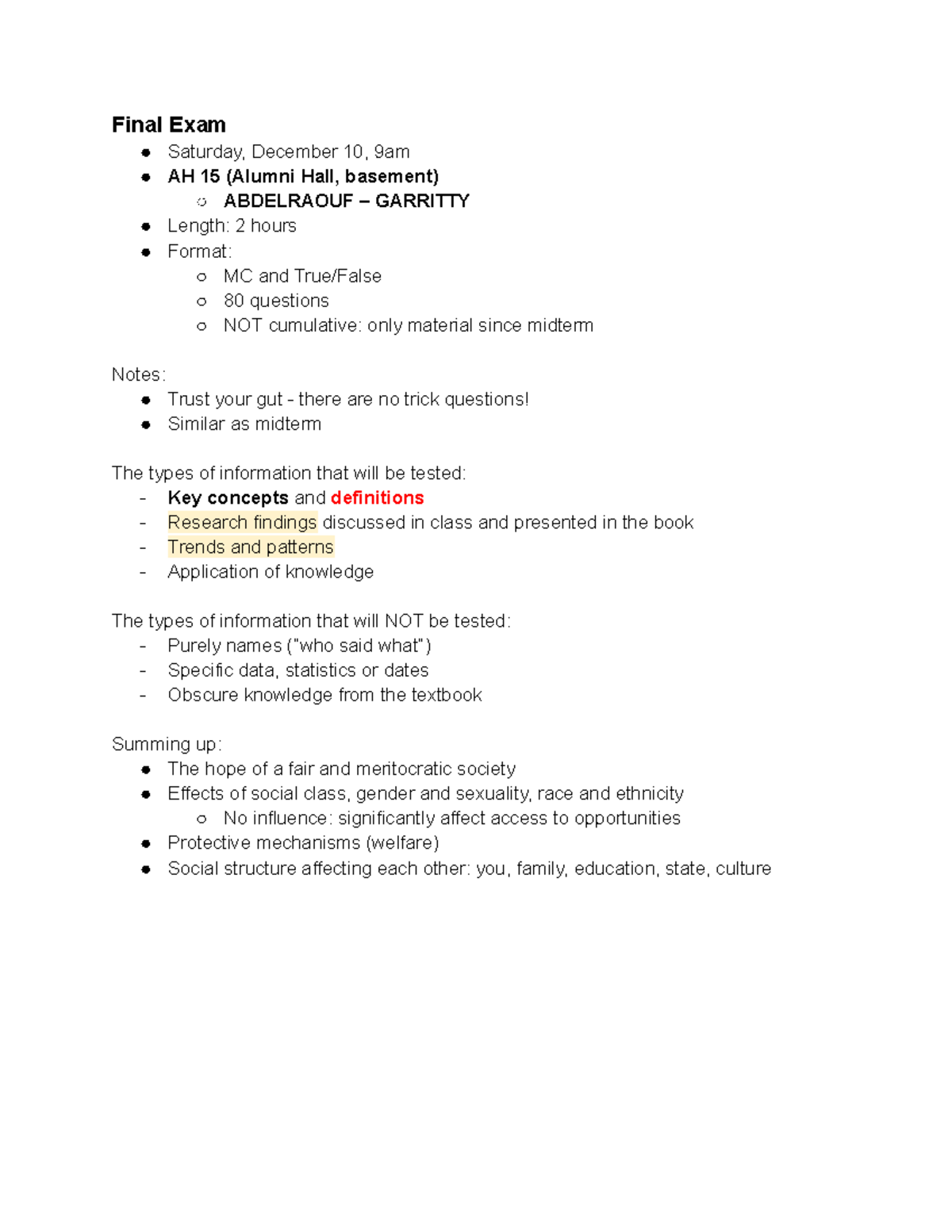 Final Exam Notes - Final Exam Saturday, December 10, 9am AH 15 (Alumni ...