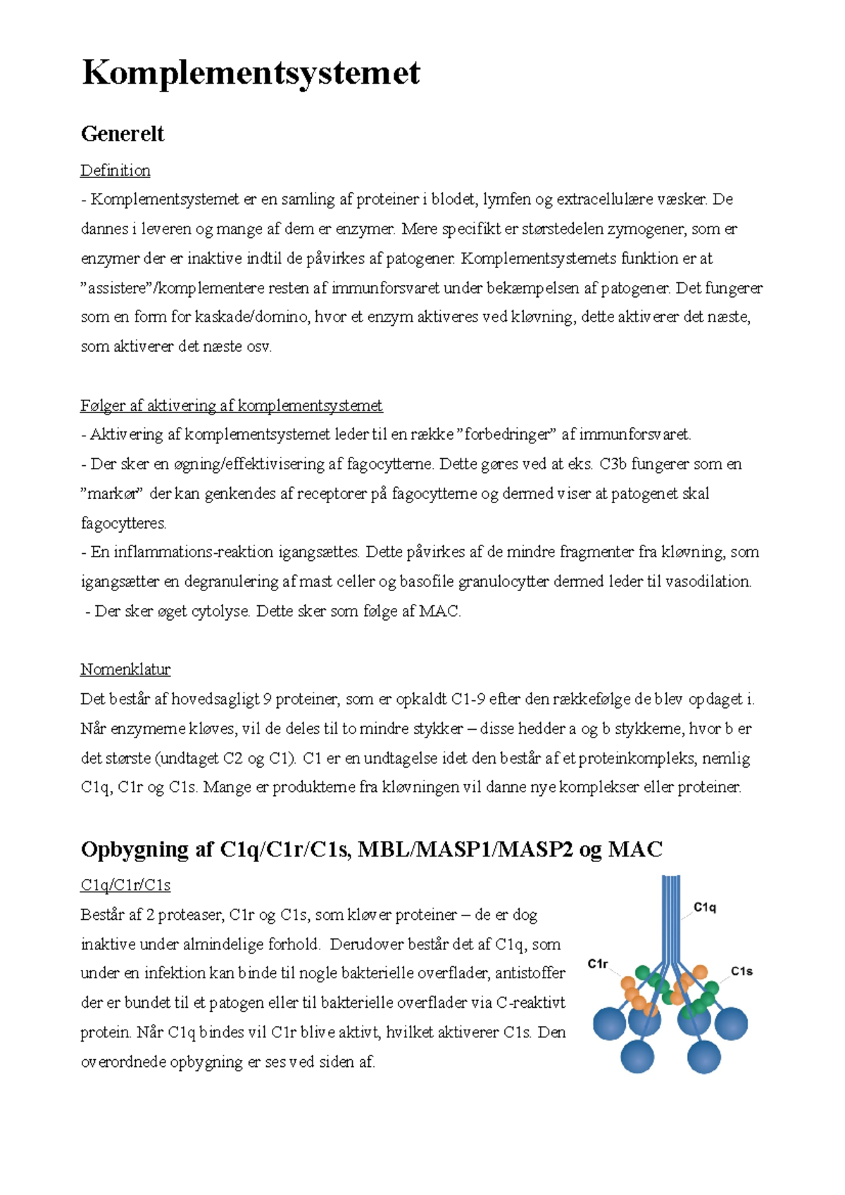 Komplementsystemet - Noter til immunologi - Generelt Definition ...