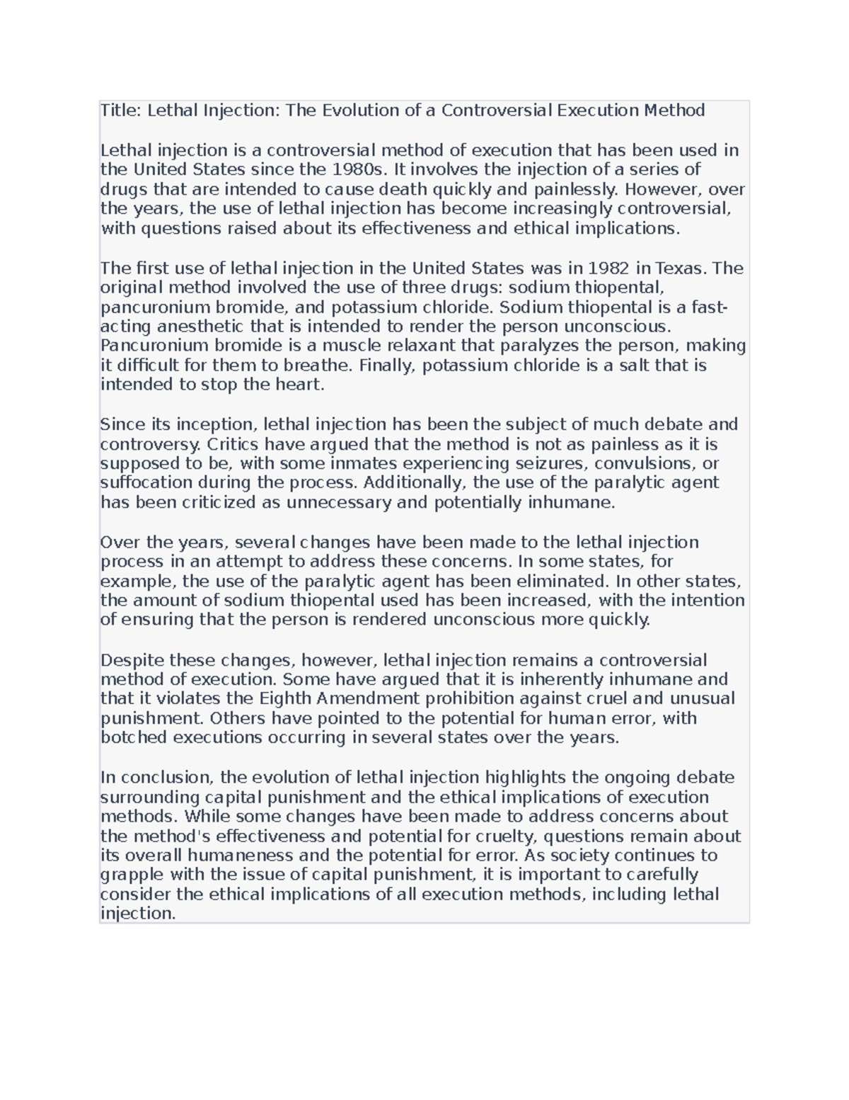 Lethal Injection - The Evolution of a Controversial Execution Method - Title: Lethal Injection ...