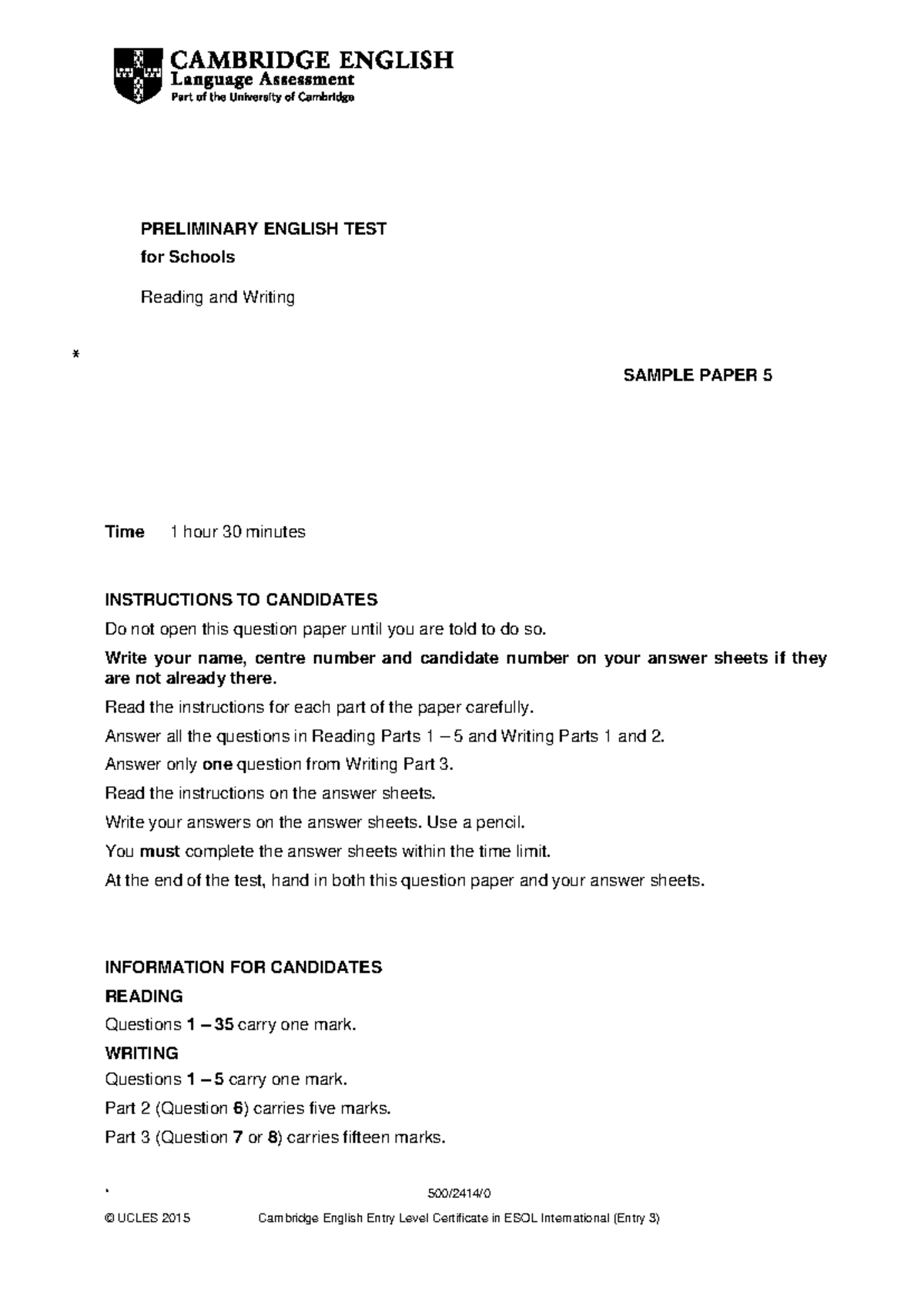 PET Reading AND Writing TEST - PRELIMINARY ENGLISH TEST for Schools ...