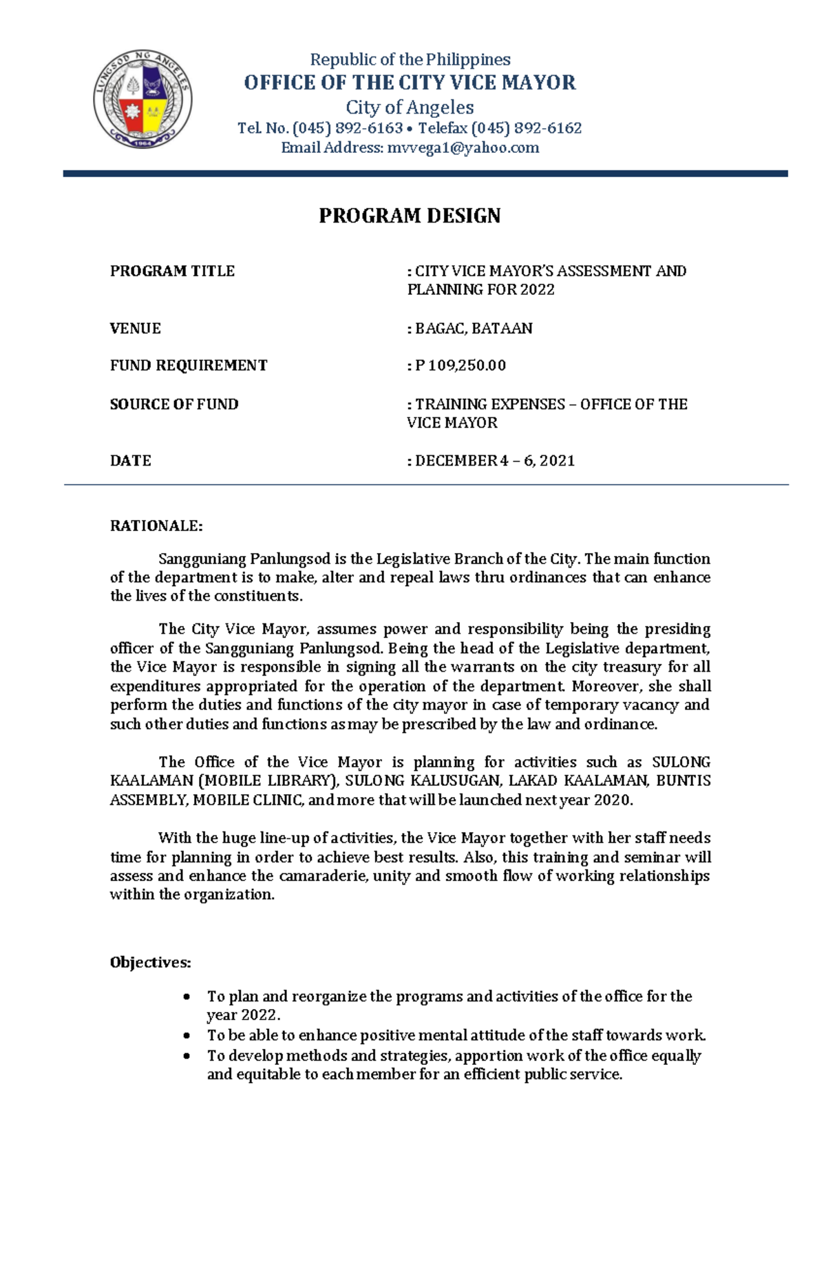 Program of work TEAM Building 2 - Republic of the Philippines OFFICE OF ...