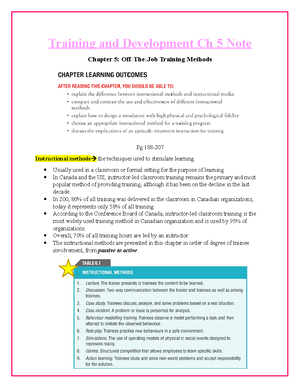 Training Ch 10 Note - note - Training and Development Ch. 10 Note Chapter 20: Training ...