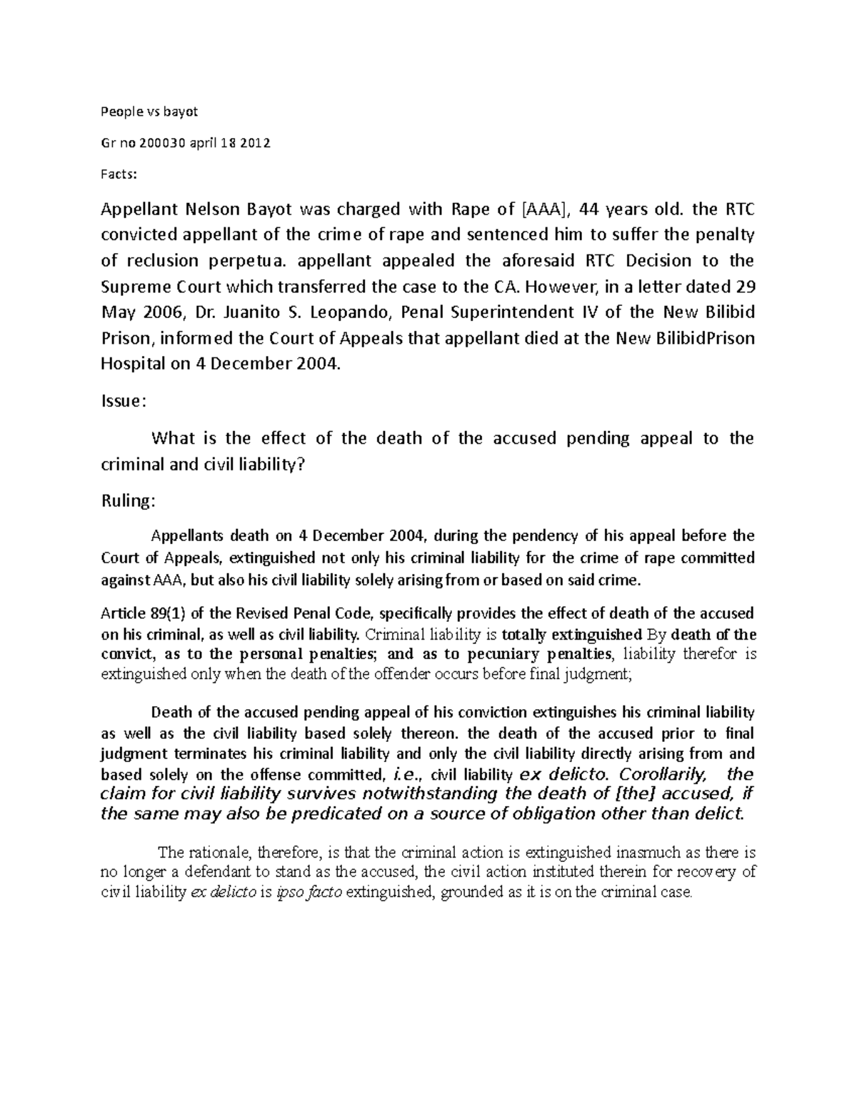 360631251 c 20 People vs Bayot Digest 1 - People vs bayot Gr no 200030 ...