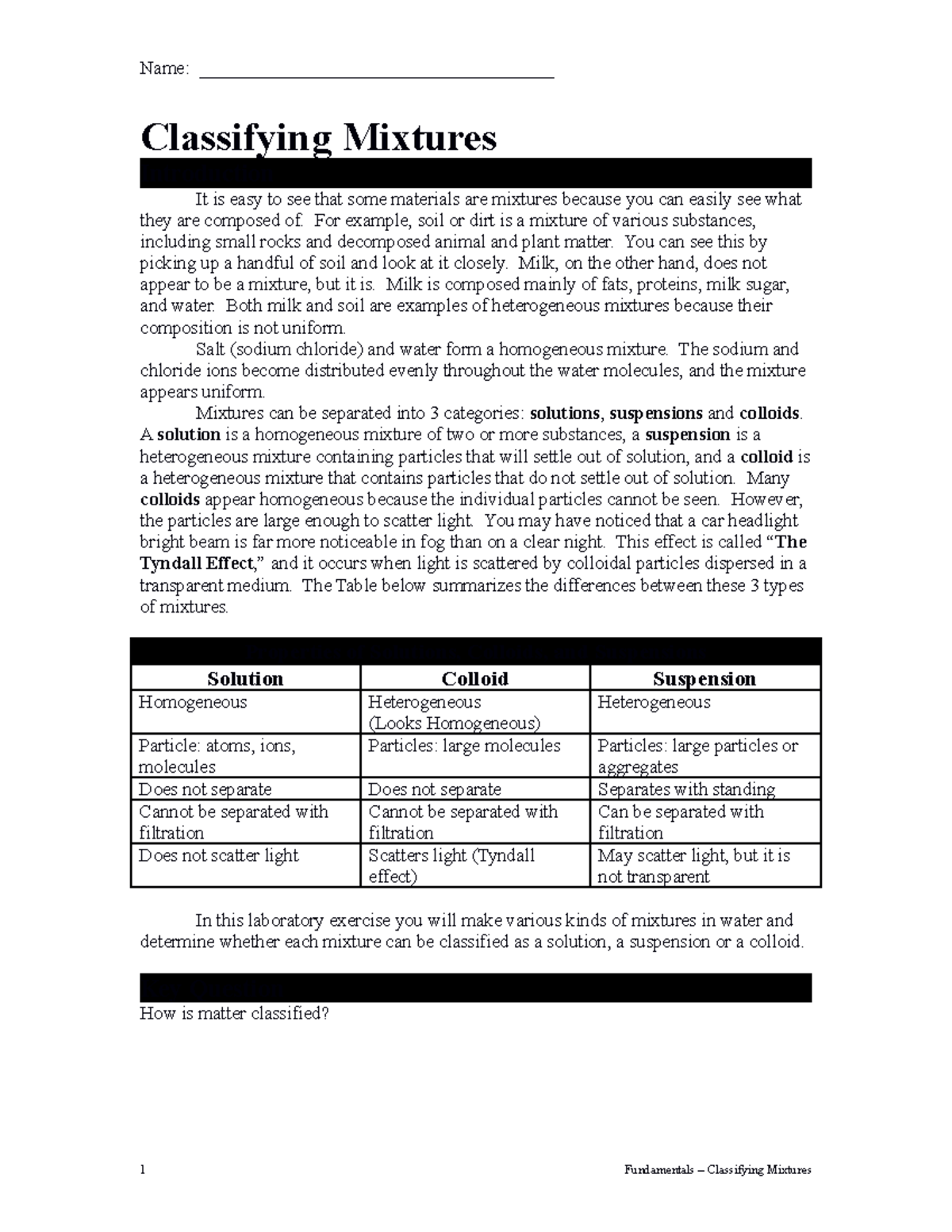 Lab - classifying mixtures - Name: ______________________________________ Classifying Mixtures ...
