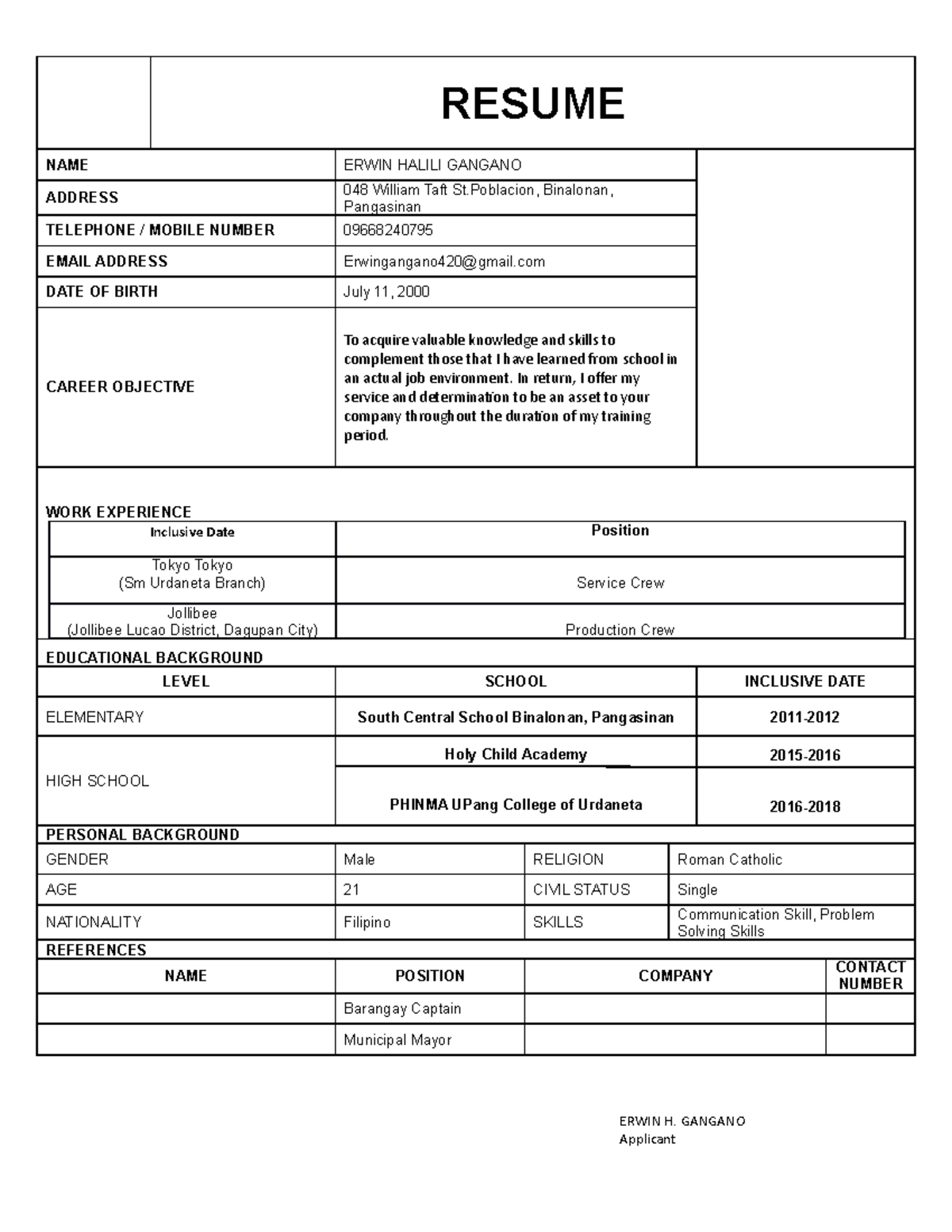 Erwinb final bgfdsed - RESUME NAME ERWIN HALILI GANGANO ADDRESS 048 ...