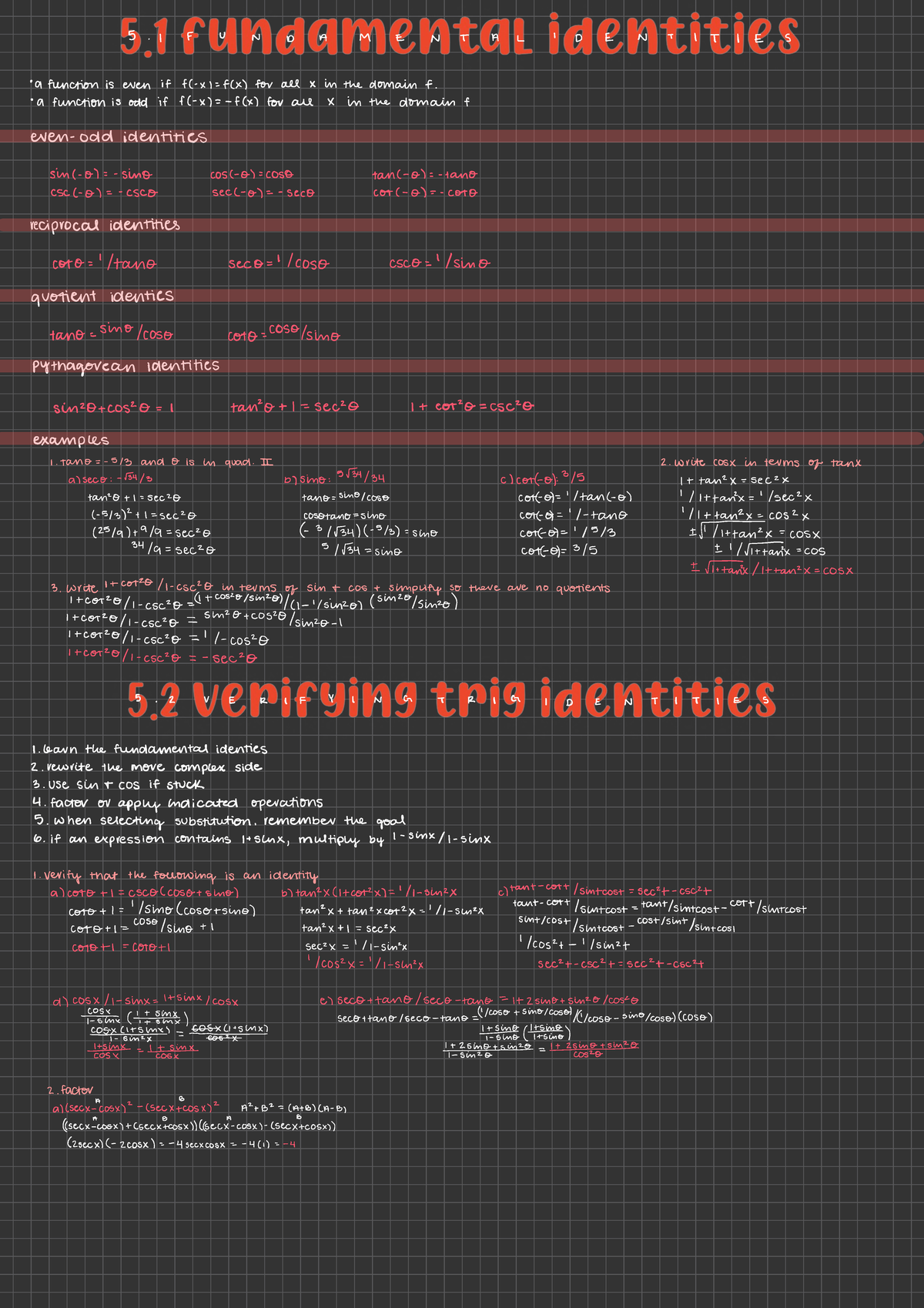 5.1 Fundamental Identities and 5.2 Verifying Fundamental Identities ...