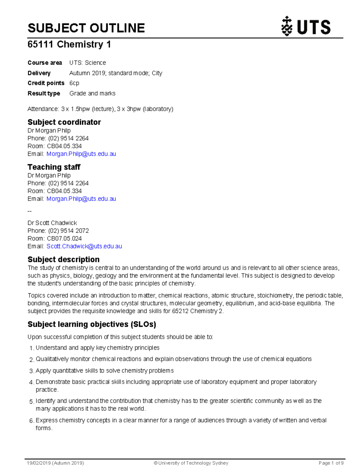 chemistry 1 pdf - SUBJECT OUTLINE 65111 Chemistry 1 Attendance: 3 x 1 ...