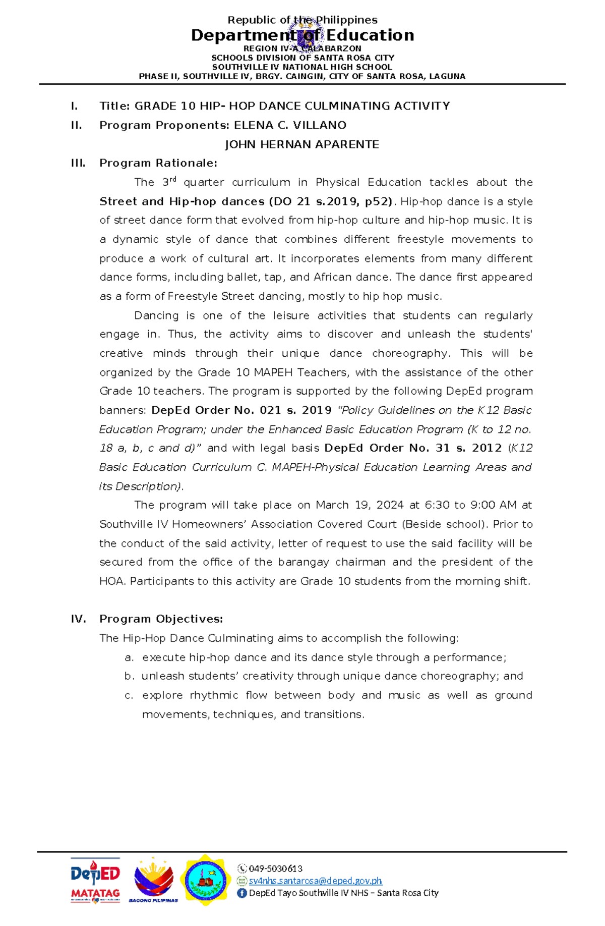 Hip Hop Dance Program Proposal - Department of Education REGION IV-A ...