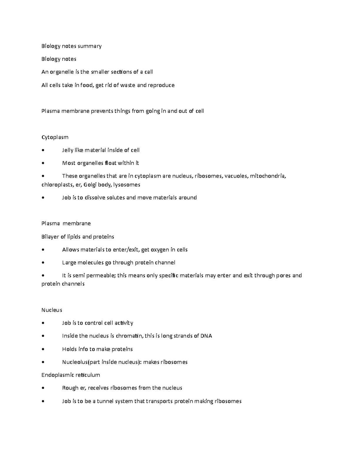 Biology notes summary - Biology notes summary Biology notes An ...