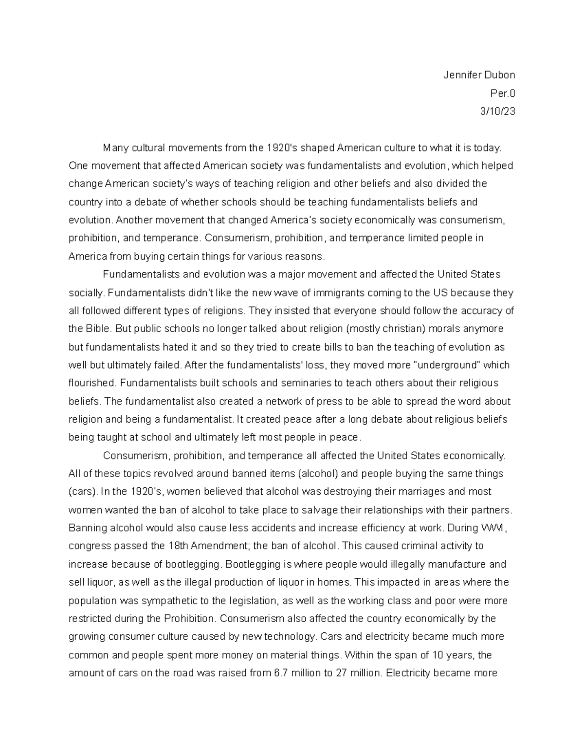 Intro to Jazz Age Paragraphs - Jennifer Dubon Per. 3/10/ Many cultural ...