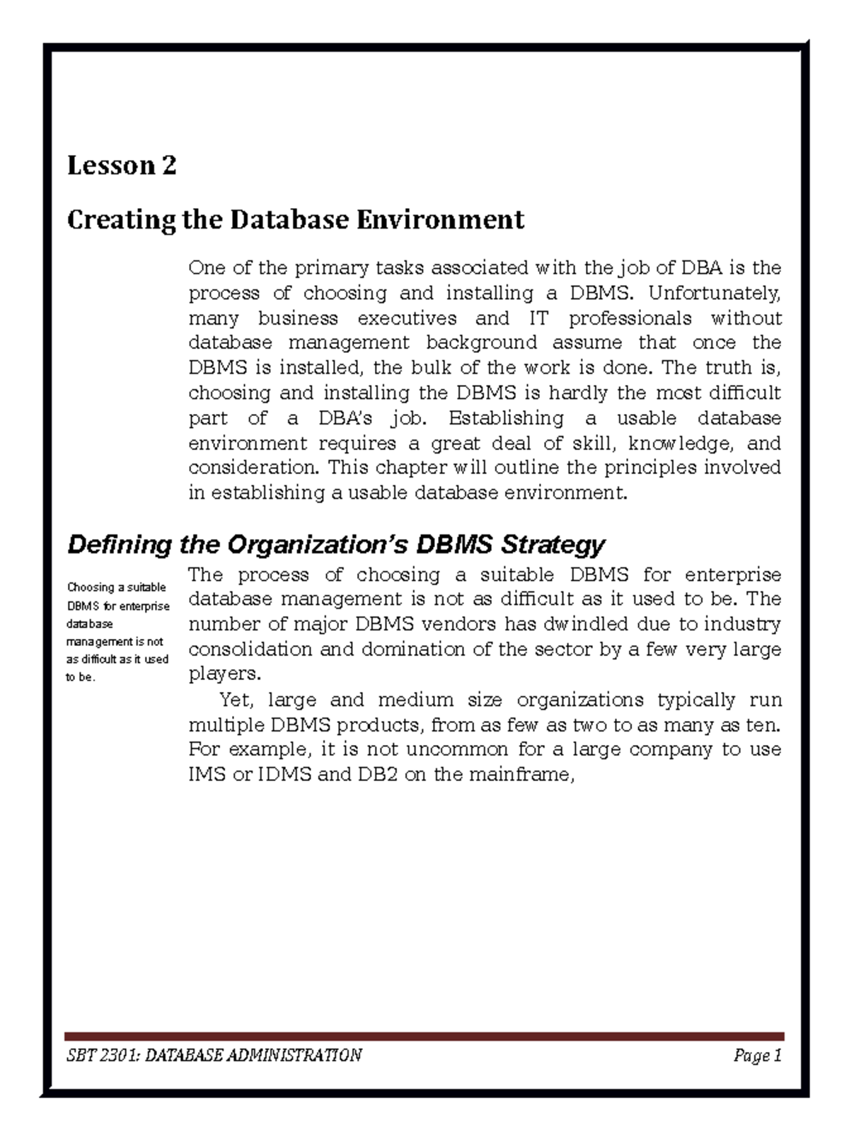 Lesson 2 database administration - Lesson 2 Creating the Database ...