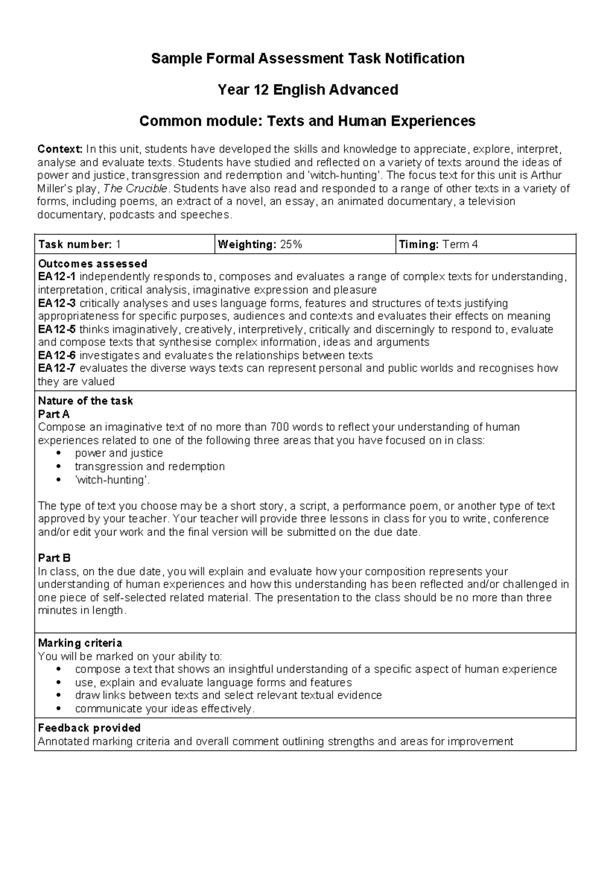 Stage 6 english advanced year 12 common module assessment task - Sample ...