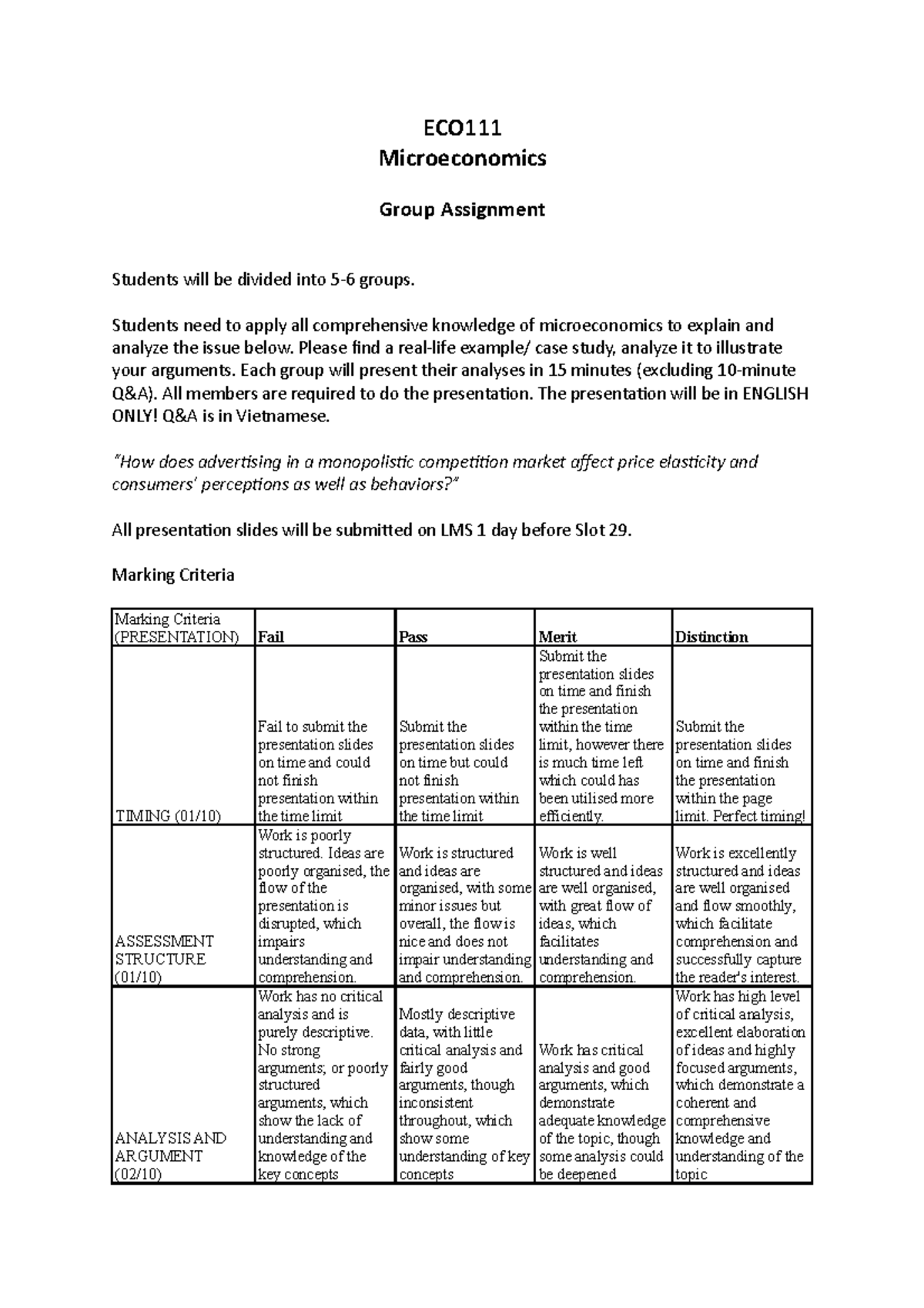 ECO111 SU2022 Group Assignment - ECO Microeconomics Group Assignment Students will be divided ...