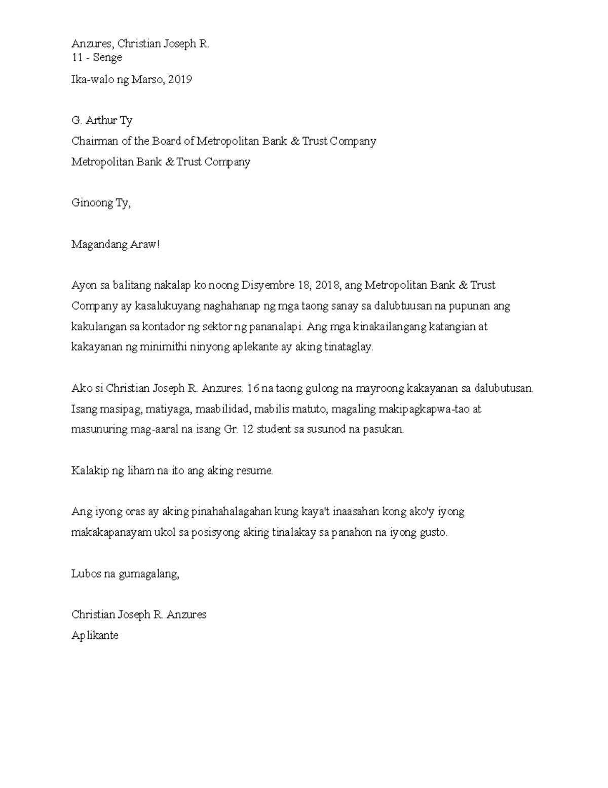 Application letter that will serve as your guide - Anzures, Christian ...