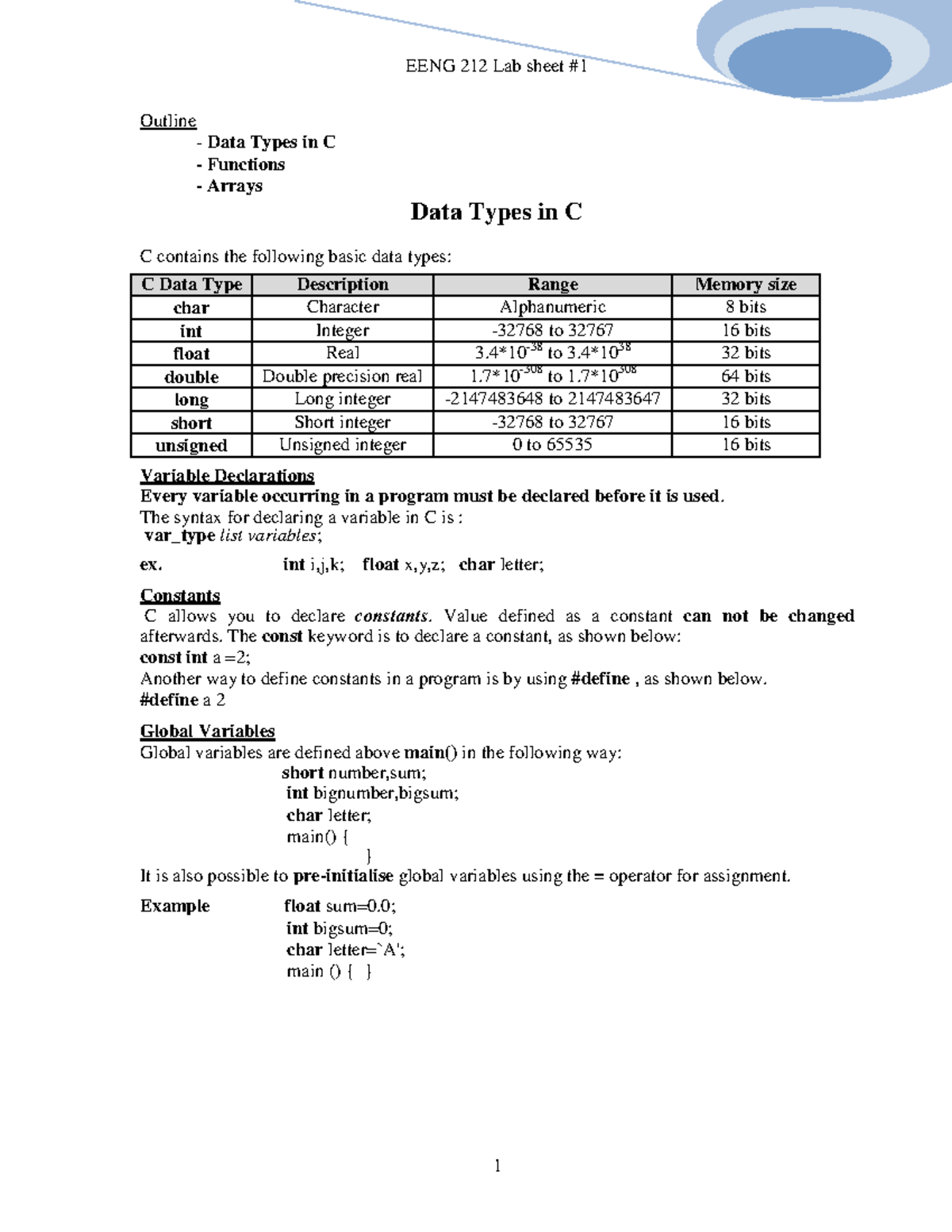 Lab1 Fall2016 - sad - Outline - Data Types in C - Functions - Arrays Data Types in C C contains ...