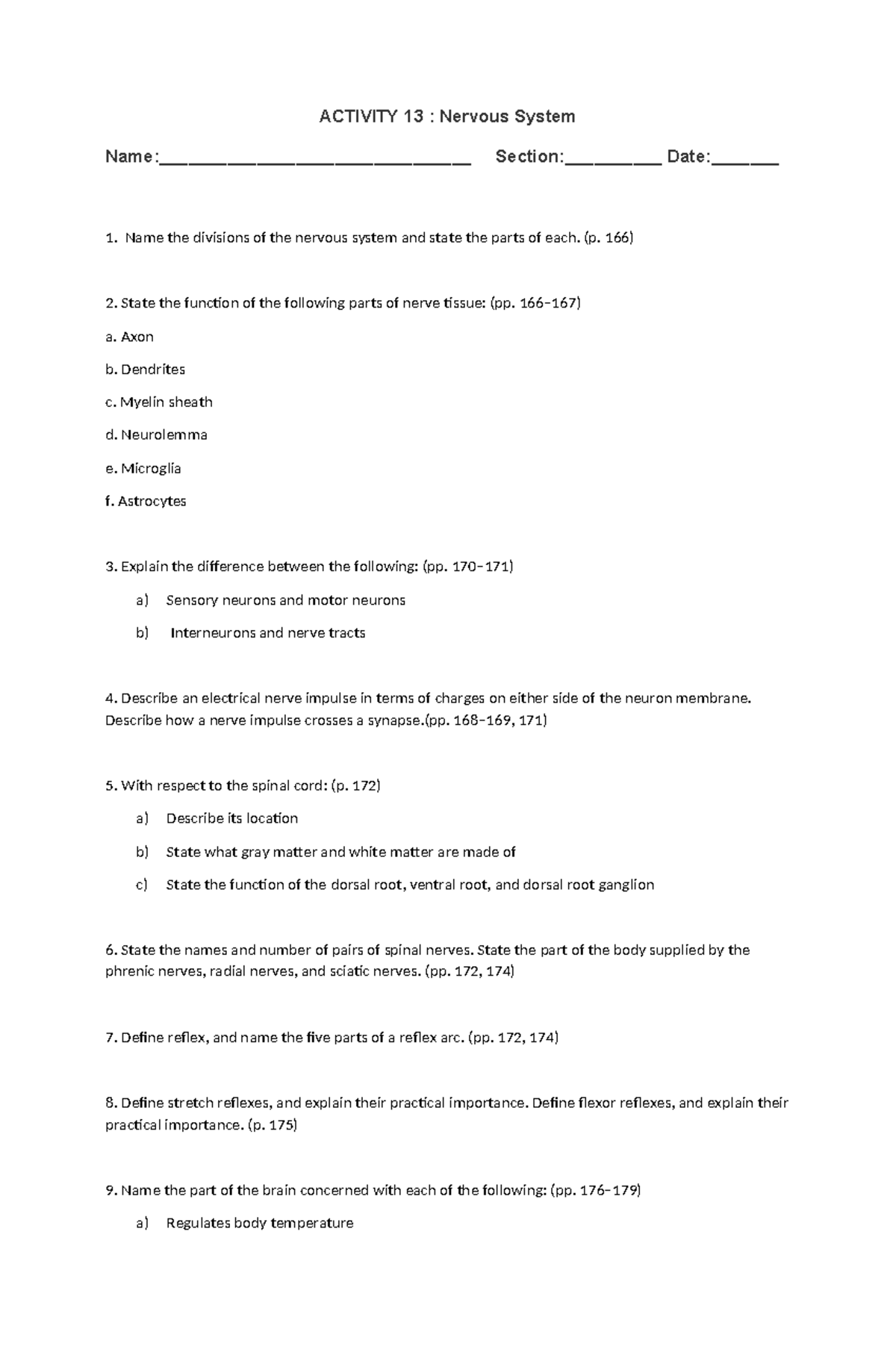 Lab Exercise- Nervous System - ACTIVITY 13 : Nervous System Name