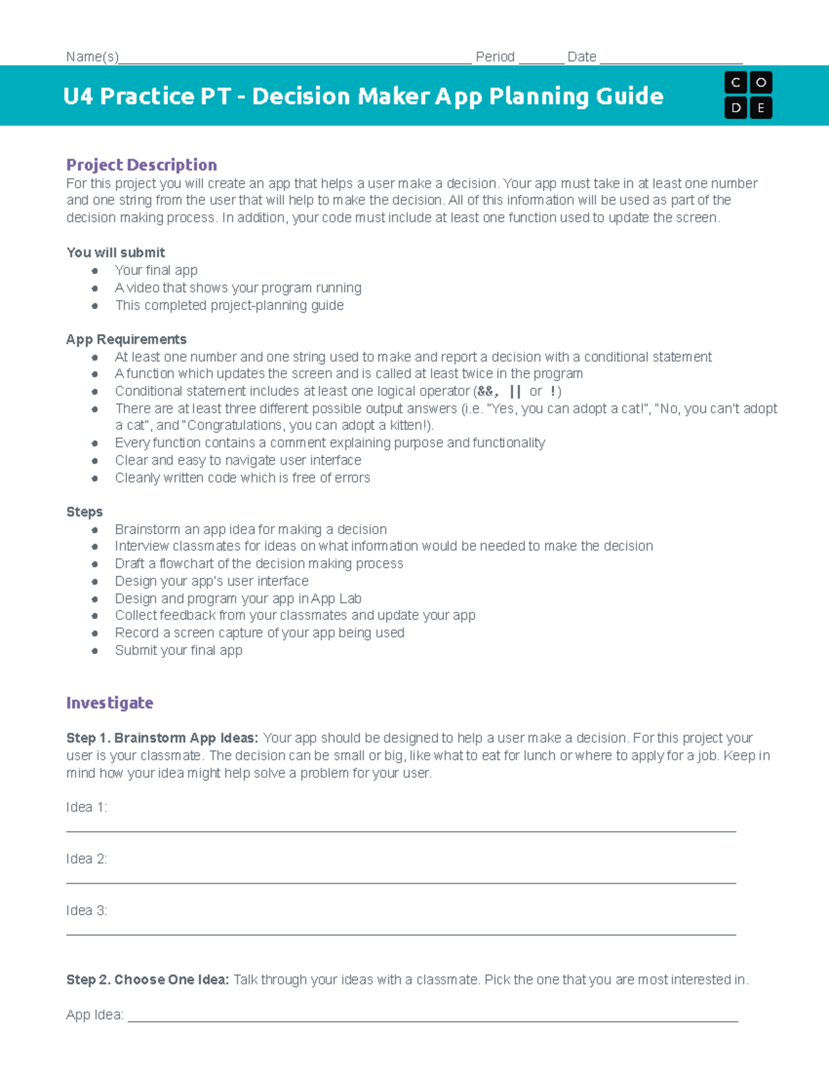 Apcsp U4L14 Decision Maker App Guide and Rubric - - Studocu