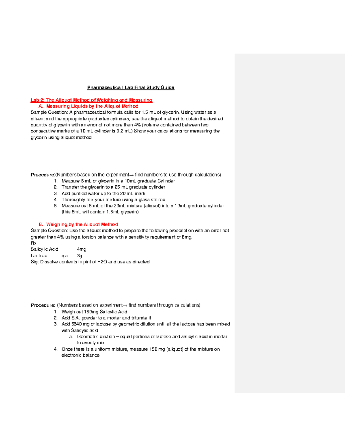 Pharmaceutics I Lab Final Study Guide - Measuring Liquids by the ...