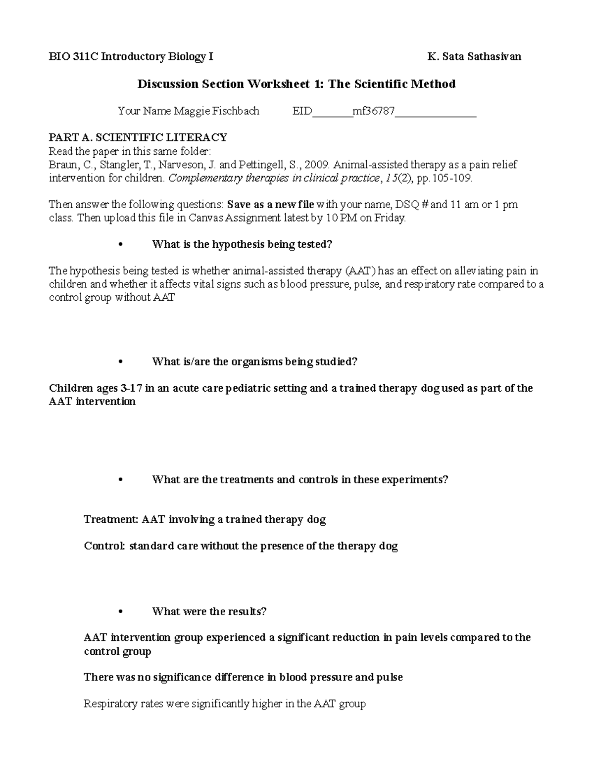 Discussion Worksheet 1 - BIO 311C Introductory Biology I K. Sata ...