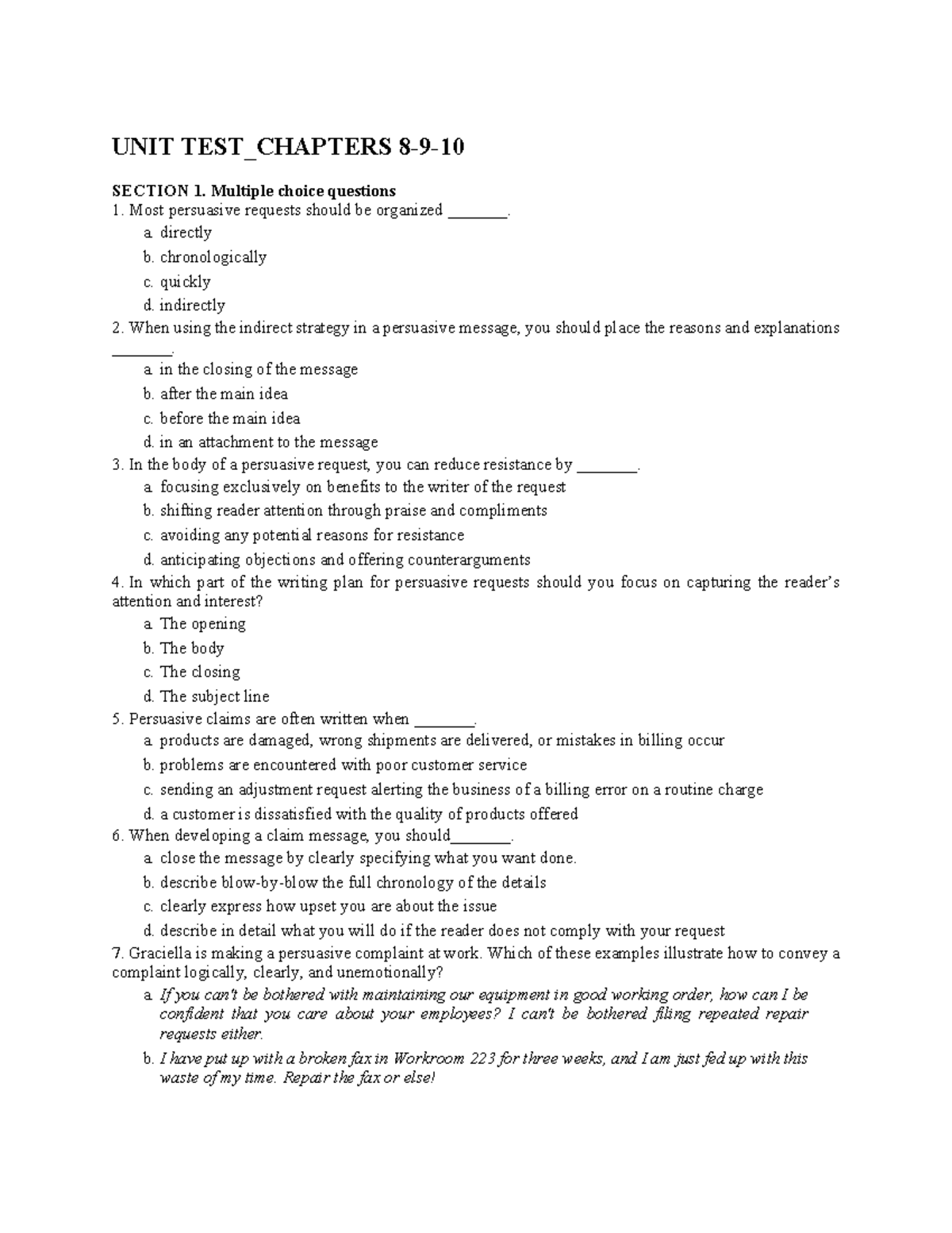 english for esp - UNIT TEST_CHAPTERS 8 - 9 - 10 SECTION 1. Multiple ...