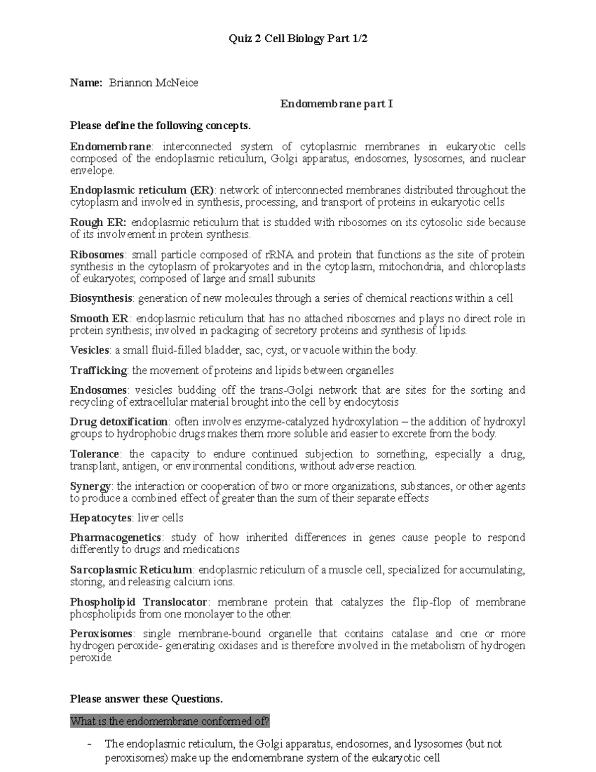 Quiz 2 Cell Biology part 1 of 2 - Quiz 2 Cell Biology Part 1/ Name ...