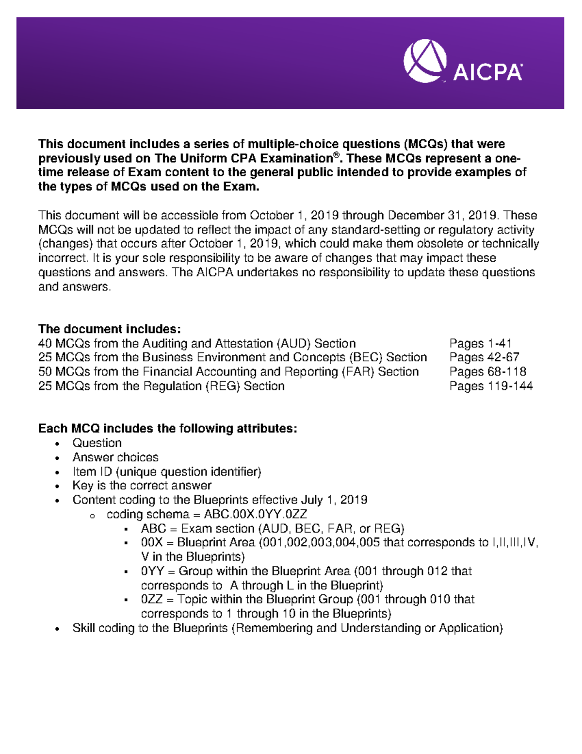 Aicpa mcq release document 2019 - This document includes a series of ...