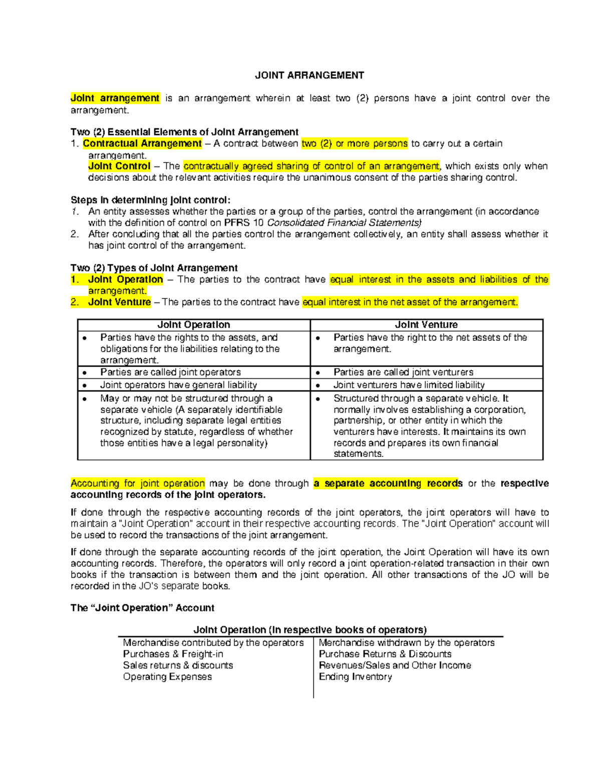 Note 5 - Accounting for Special Transactions - JOINT ARRANGEMENT Joint ...