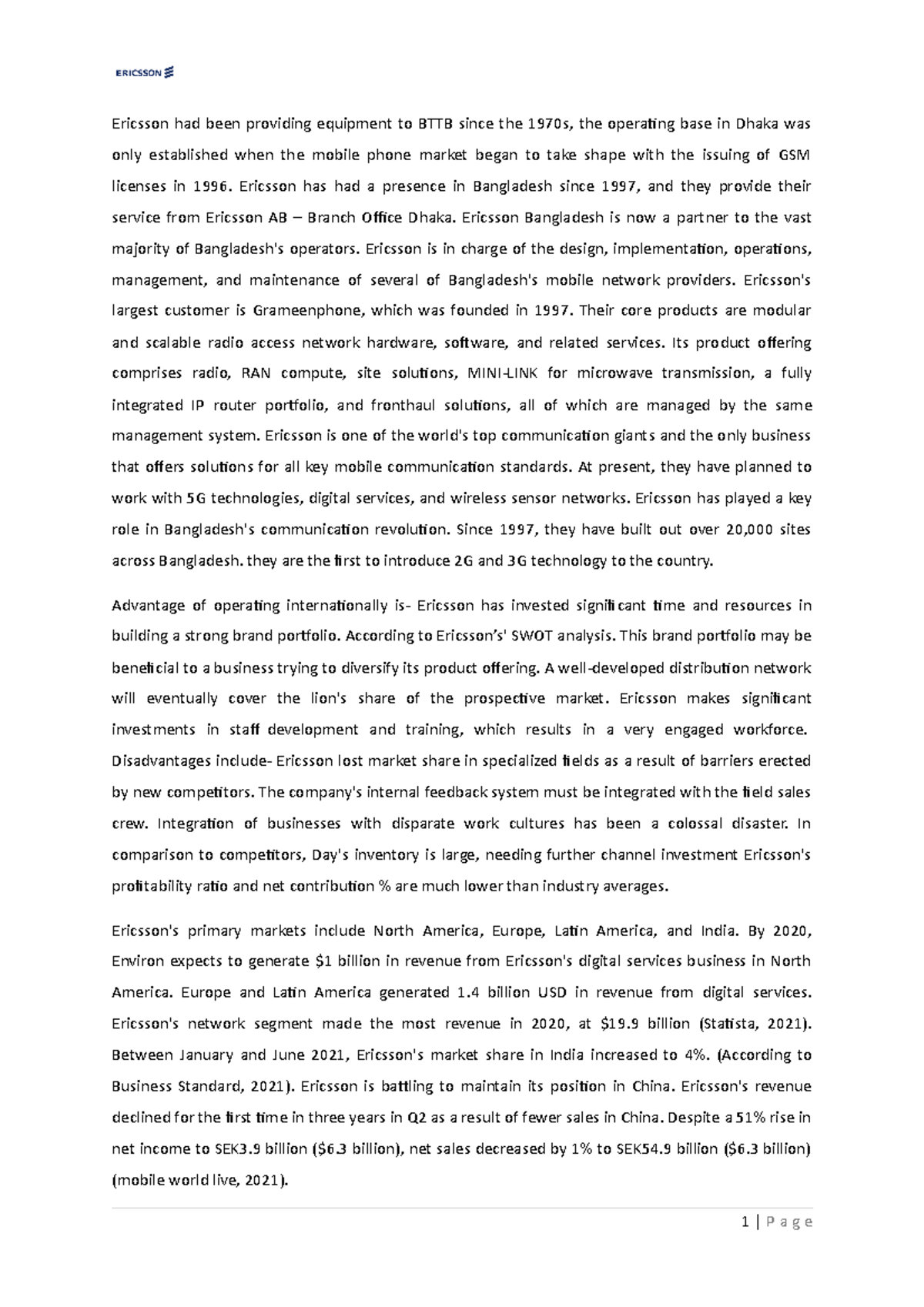 INB 372 CASE Study Final - Ericsson had been providing equipment to ...