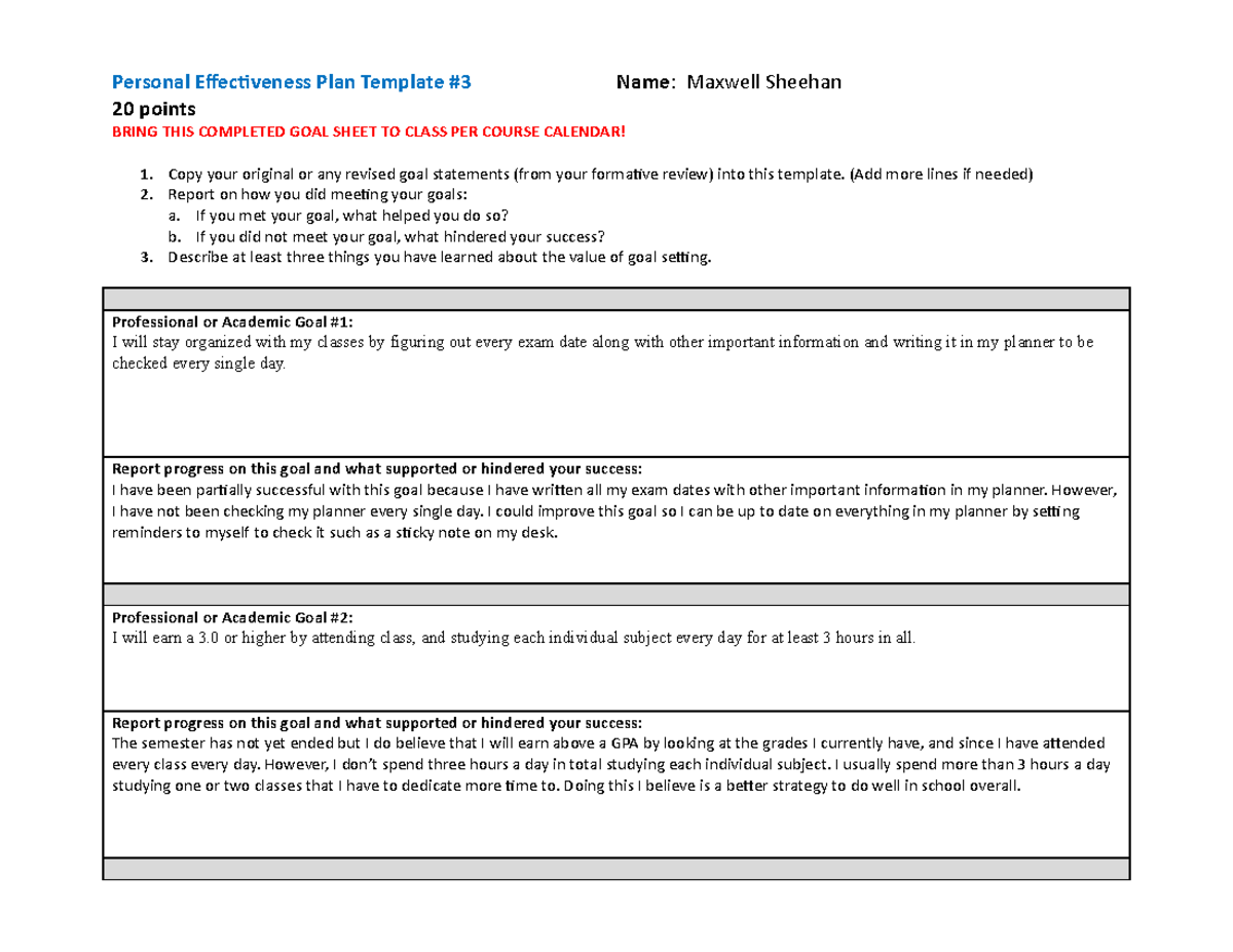 PEP goals #3 - Grade: a - Personal Effectiveness Plan Template #3 20 ...
