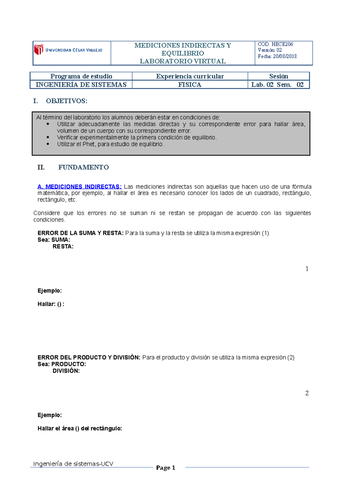 Laboratorio 2 - fisica - MEDICIONES INDIRECTAS Y EQUILIBRIO LABORATORIO VIRTUAL COD. HECE ...