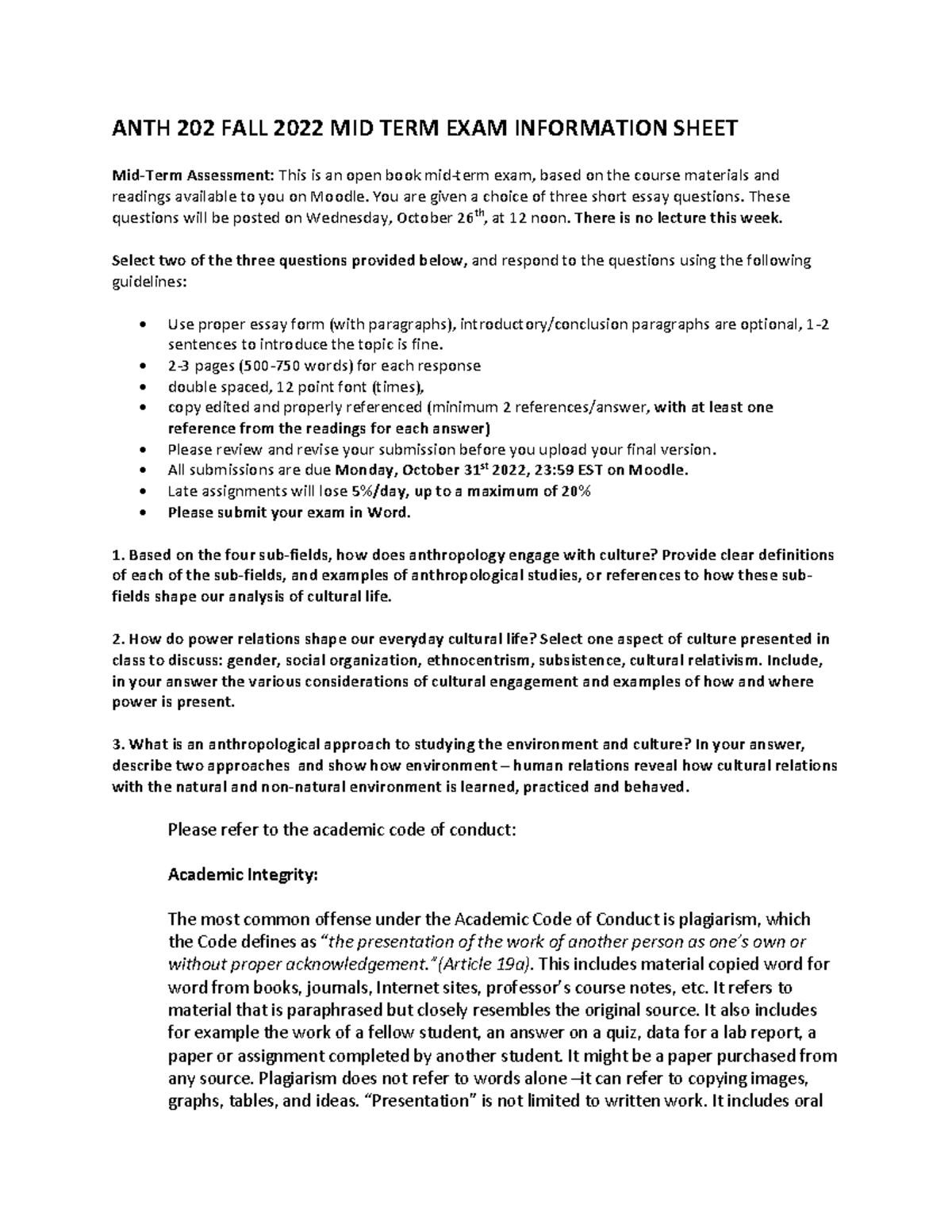 ANTH 202 FALL 2022 MID TERM EXAM Information Sheet and Questions - ANTH 202 FALL 2022 MID TERM ...