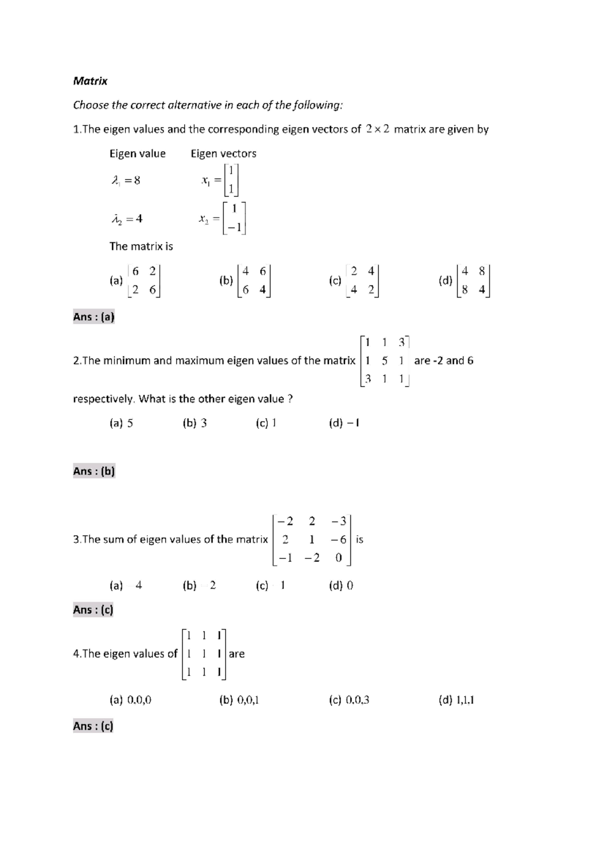 Unit 5 Matrix: Practice Material For Martrix - Maths - Studocu
