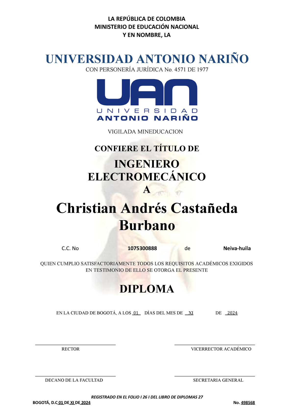 Diploma Christian Castañeda - LA REPÚBLICA DE COLOMBIA MINISTERIO DE ...