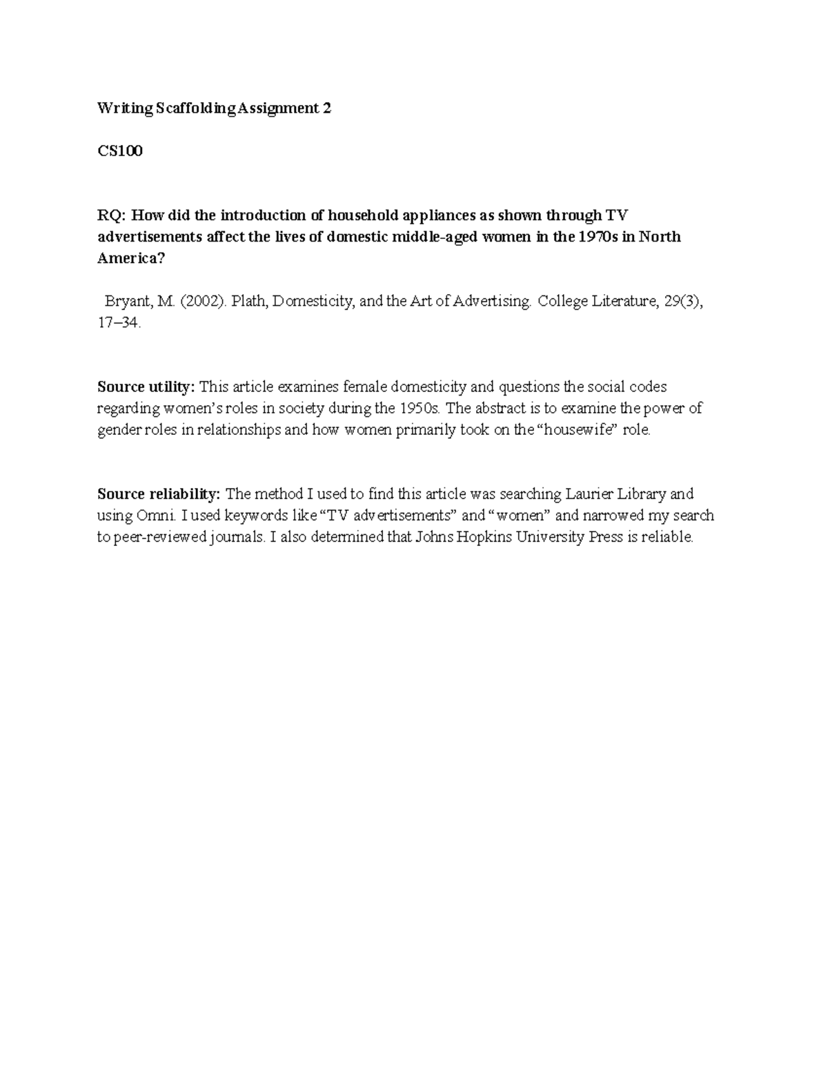 WSA2 - Prof Jade Miller WLU - Writing Scaffolding Assignment 2 CS RQ: How did the introduction ...