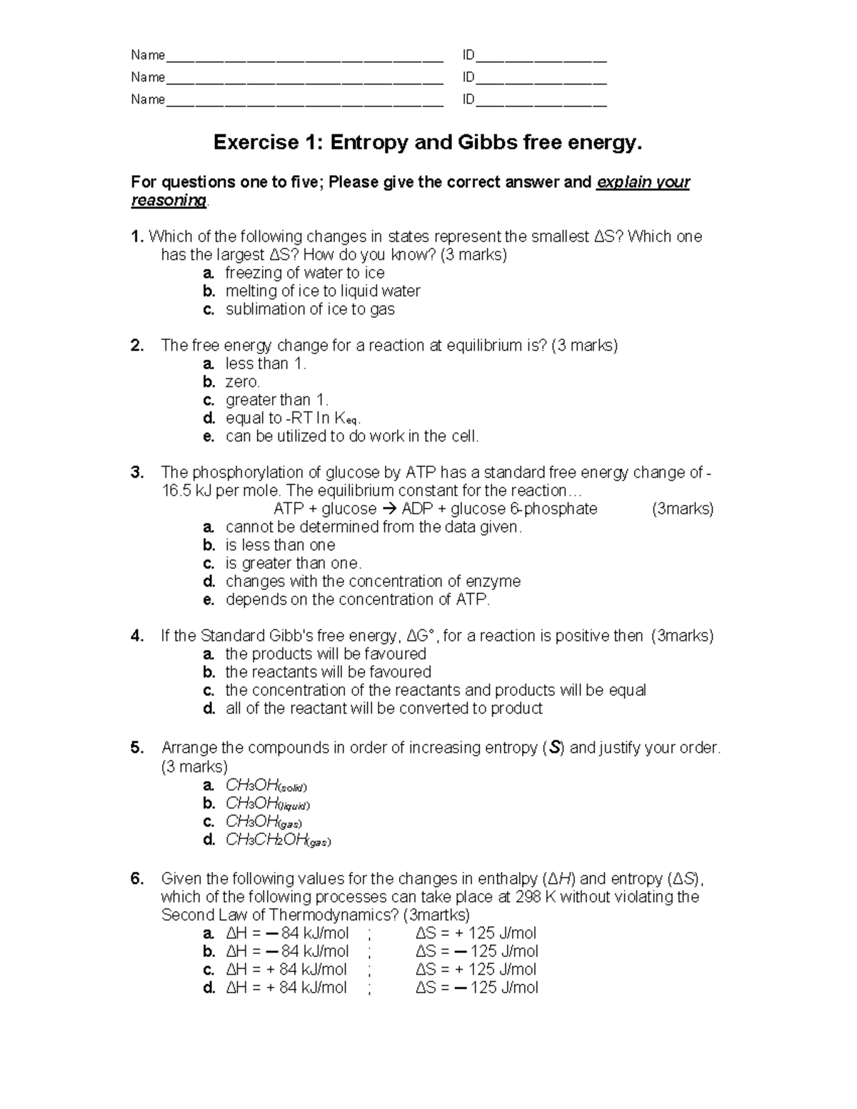 BIO307 Exercise 1 - Thermodynamics and Gibbs Free Energy - - Studocu